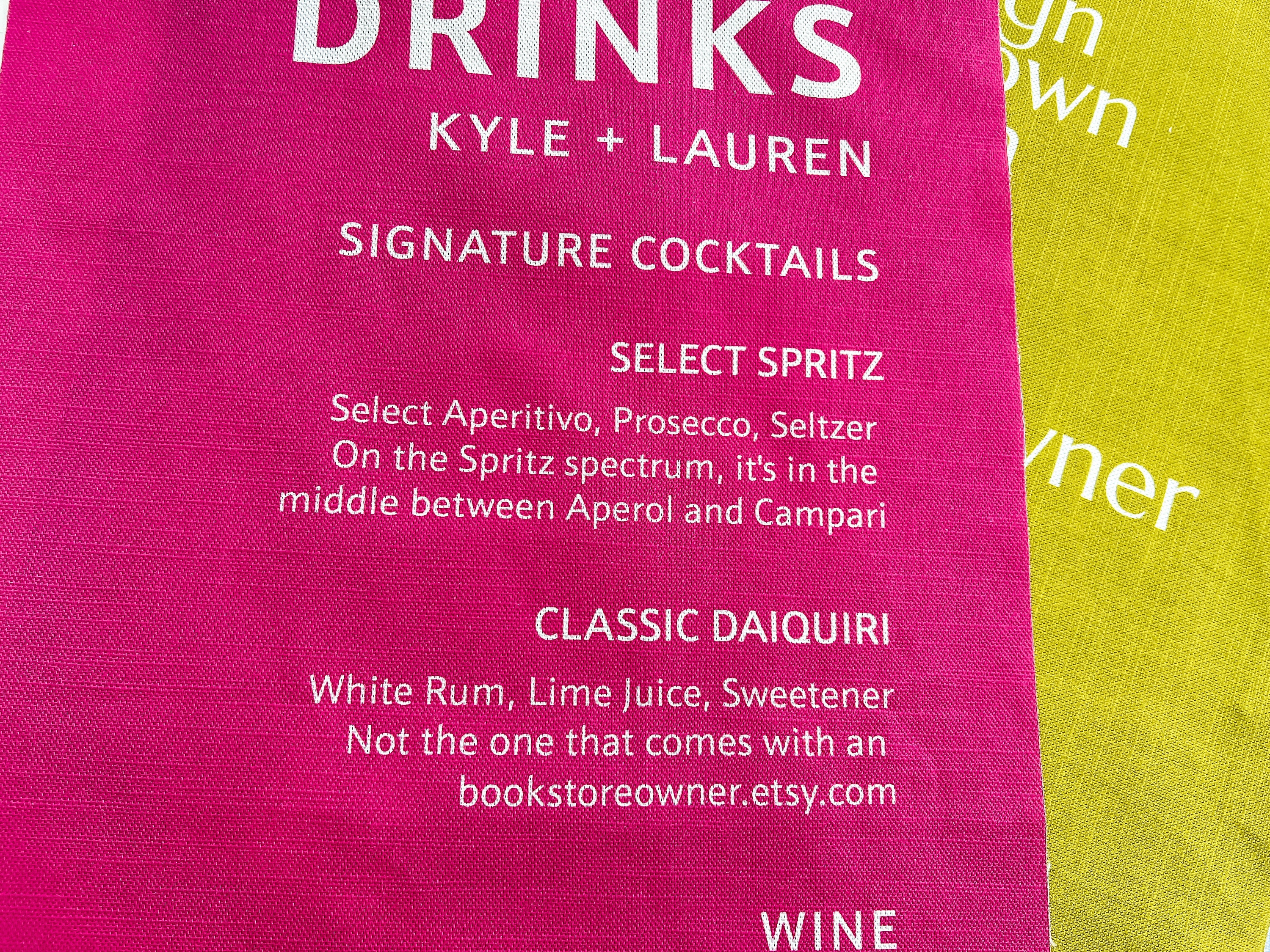 Open Bar Linen Sign, Linen Fabric Bar Menu, Colorful Signature Cocktail ...