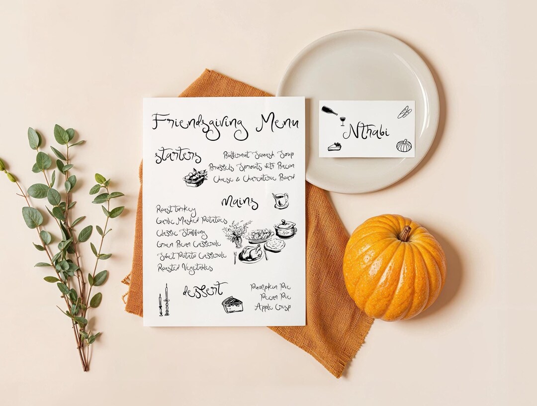 Whimsical Friendsgiving 5x7 Menu With Placecards, Illustrated ...