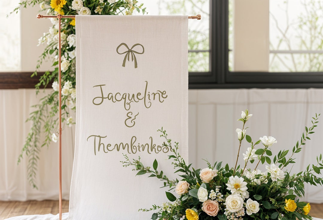 Whimsical Wedding Linen Welcome Sign | Fabric Welcome Sign, Quirky Bow ...