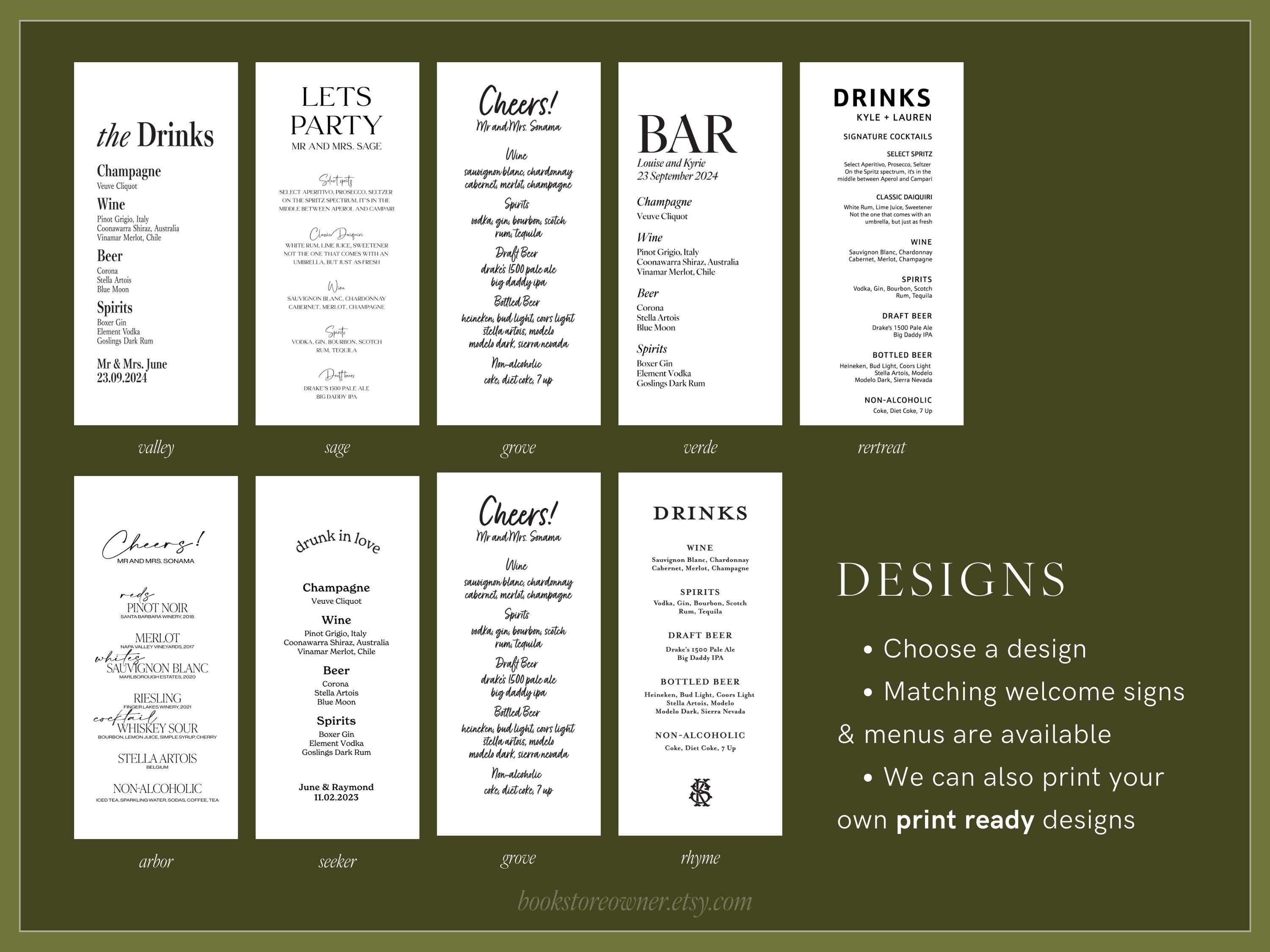Wedding Open Bar Linen Sign Bundle Minimalist Bar Menu - Etsy