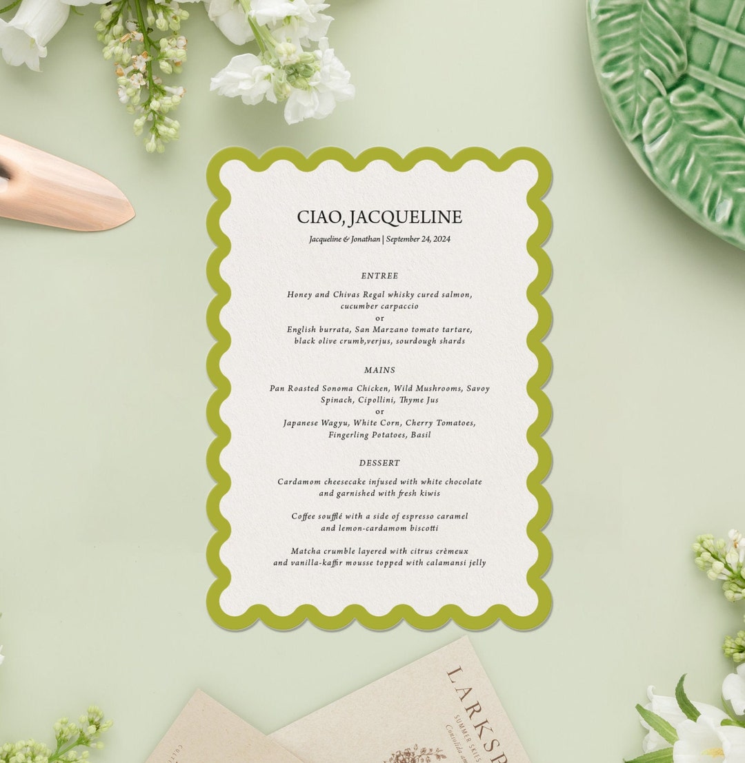 Modern Printed Wedding Menu & Placecards, Scallop Shaped Wedding Menus ...