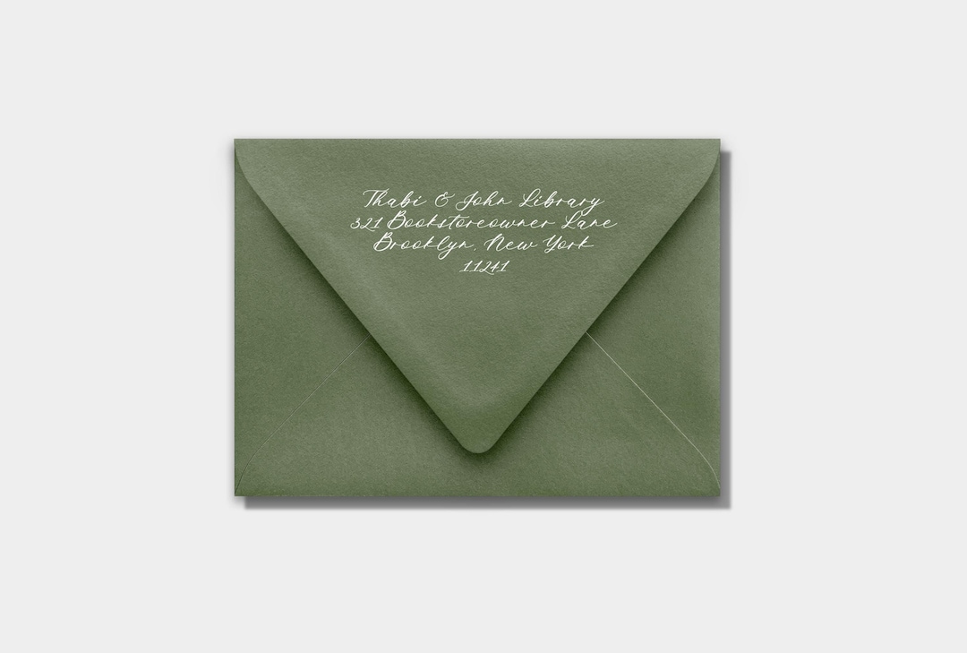 Calligraphy Olive Green Printed Envelopes, White Ink 5x7 Wedding ...