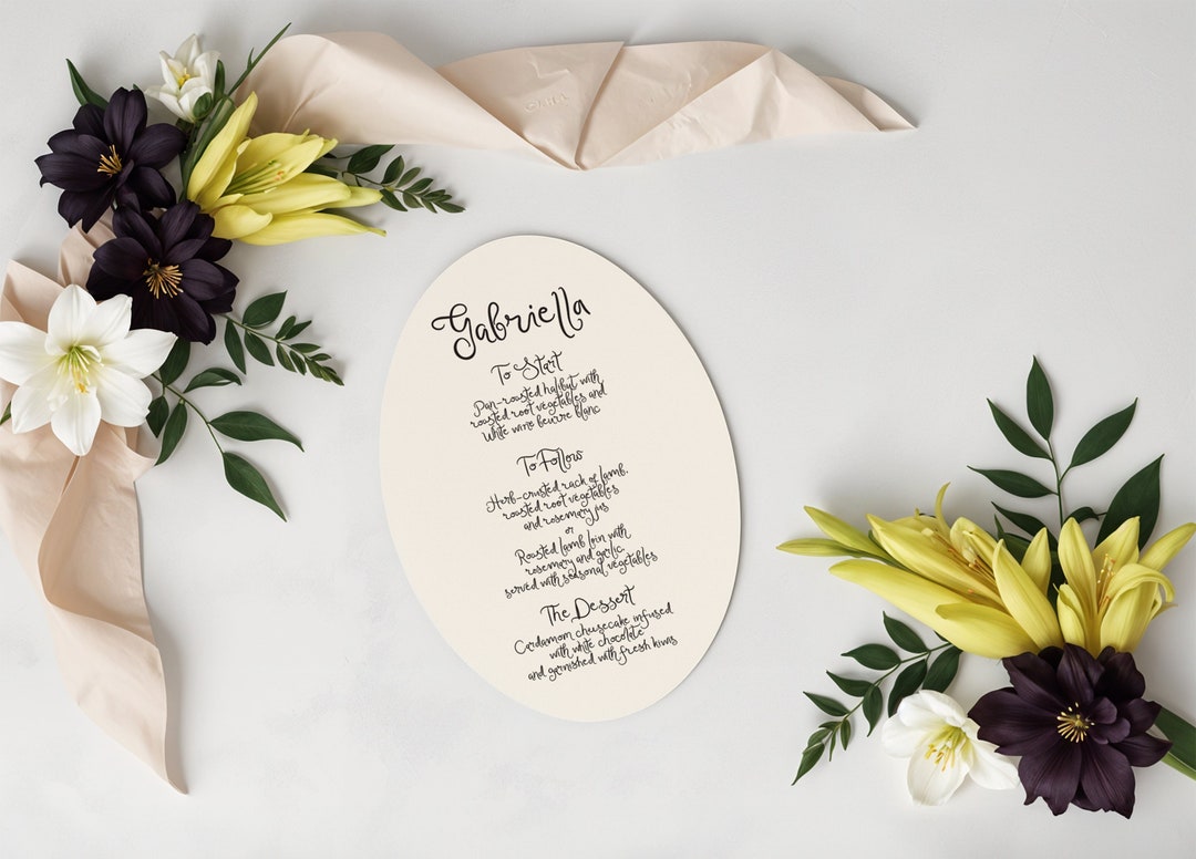 Whimsical Wedding Oval Shaped Menu Cards With Guest Names | Custom ...