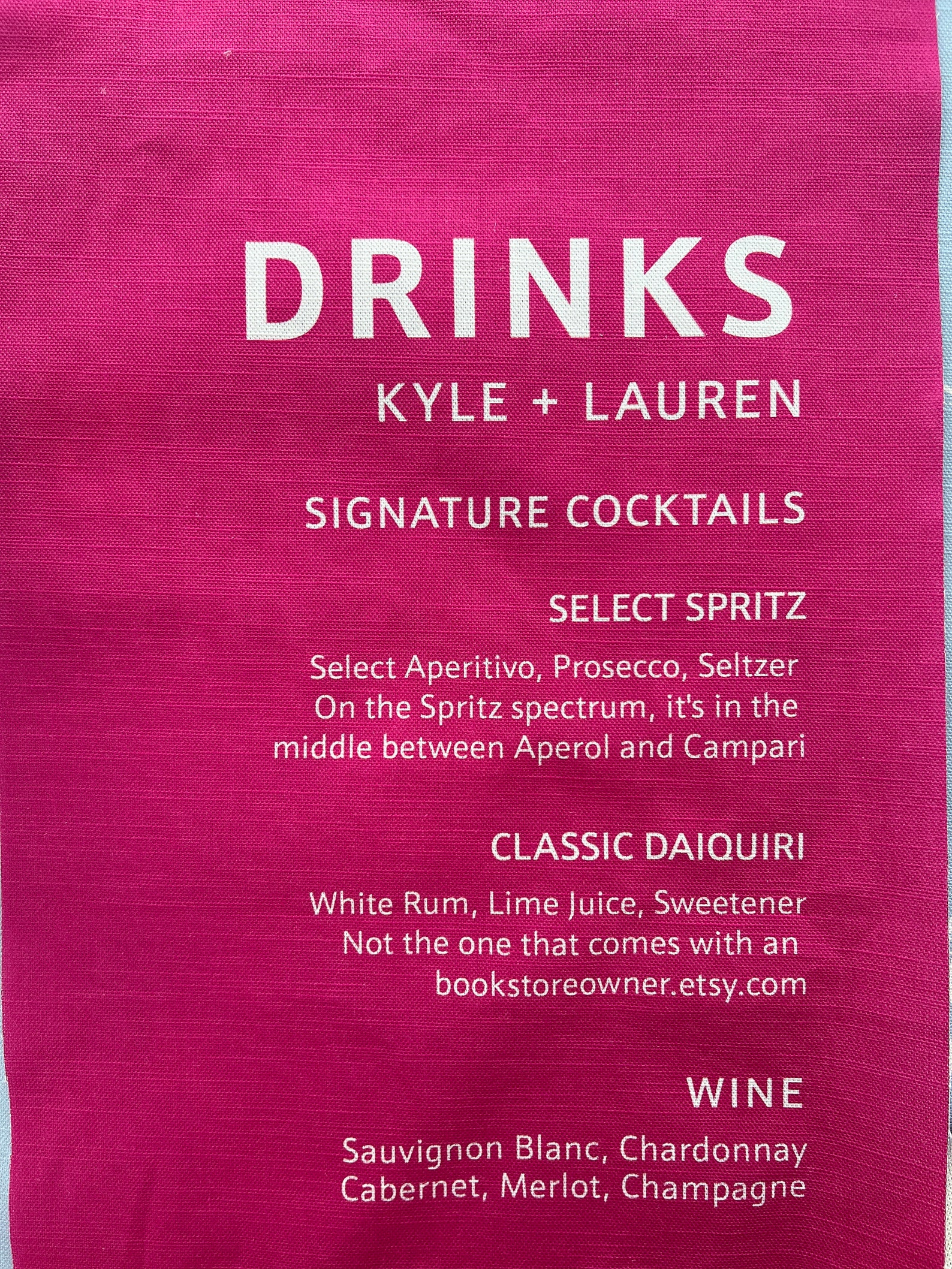 Open Bar Linen Sign, Linen Fabric Bar Menu, Colorful Signature Cocktail ...