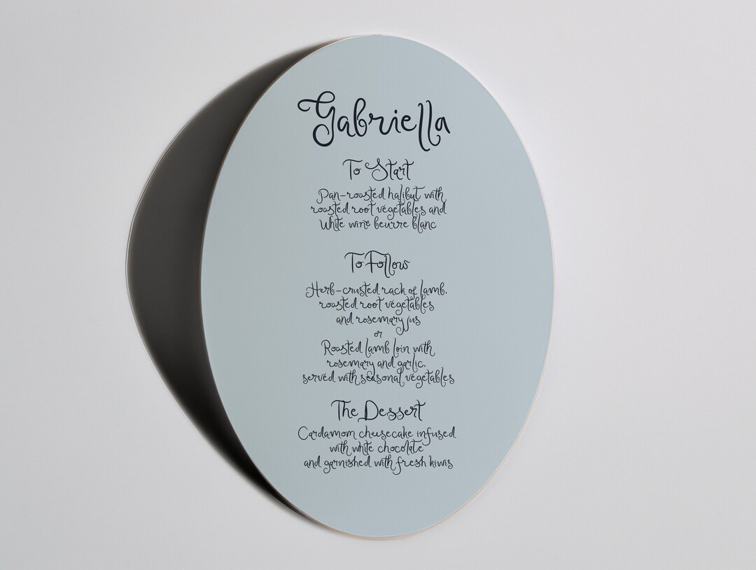 Whimsical Wedding Oval Shaped Menu Cards With Guest Names Custom ...