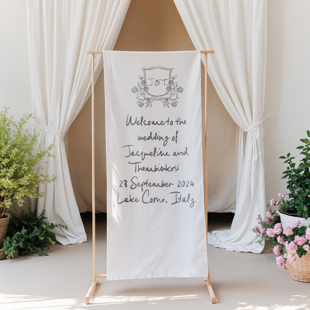 Floral Monogram Linen Welcome Sign, Whimsical Wedding Fabric Sign ...