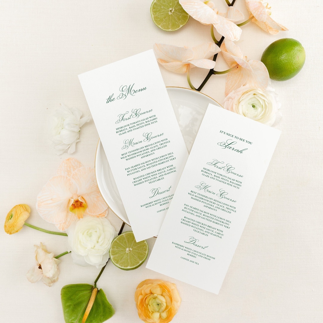 Elegant Wedding Menus With Guest Names, Printed Menu Cards, French ...
