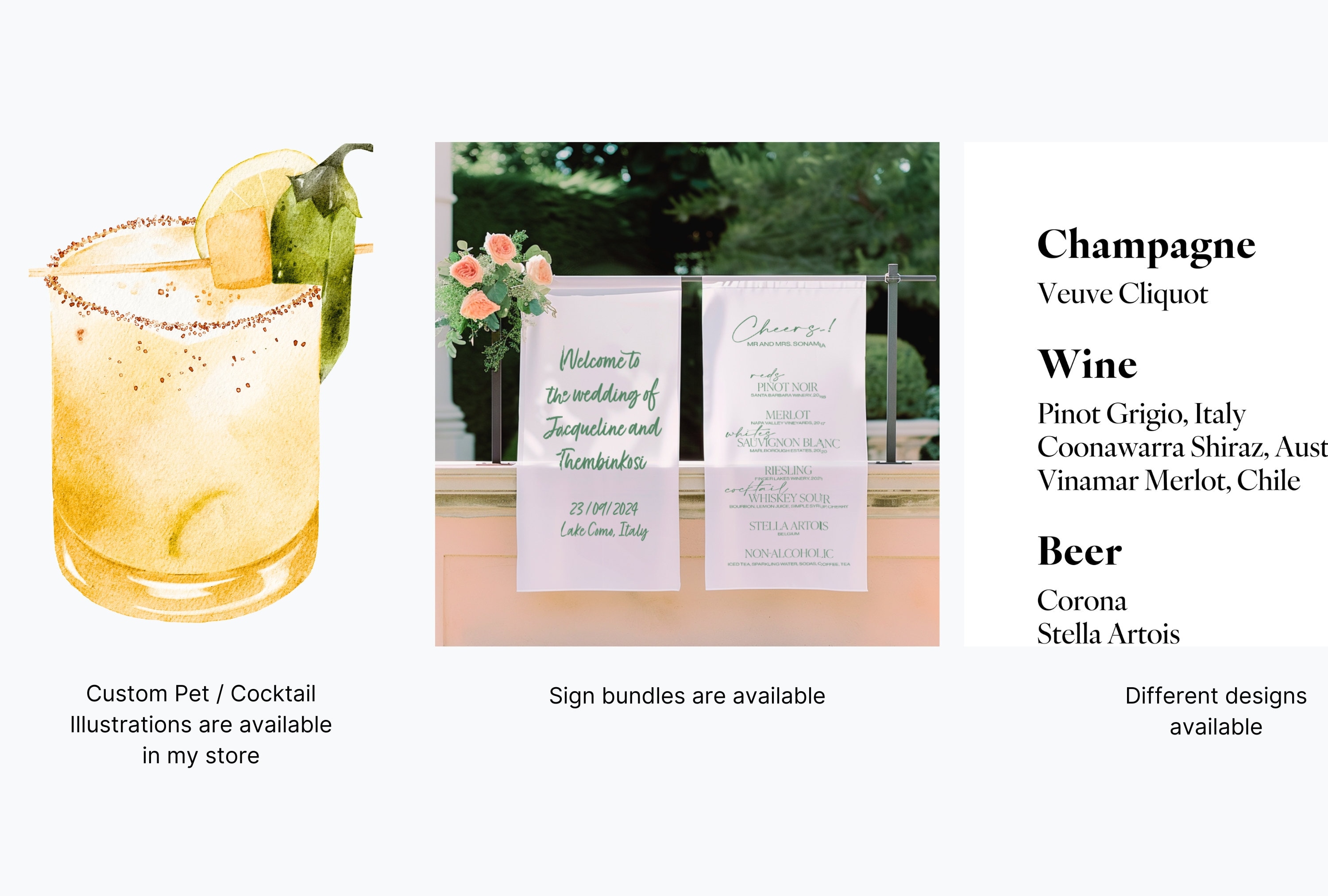 Wedding Open Bar Linen Sign Bundle Minimalist Bar Menu Fabric Sign ...