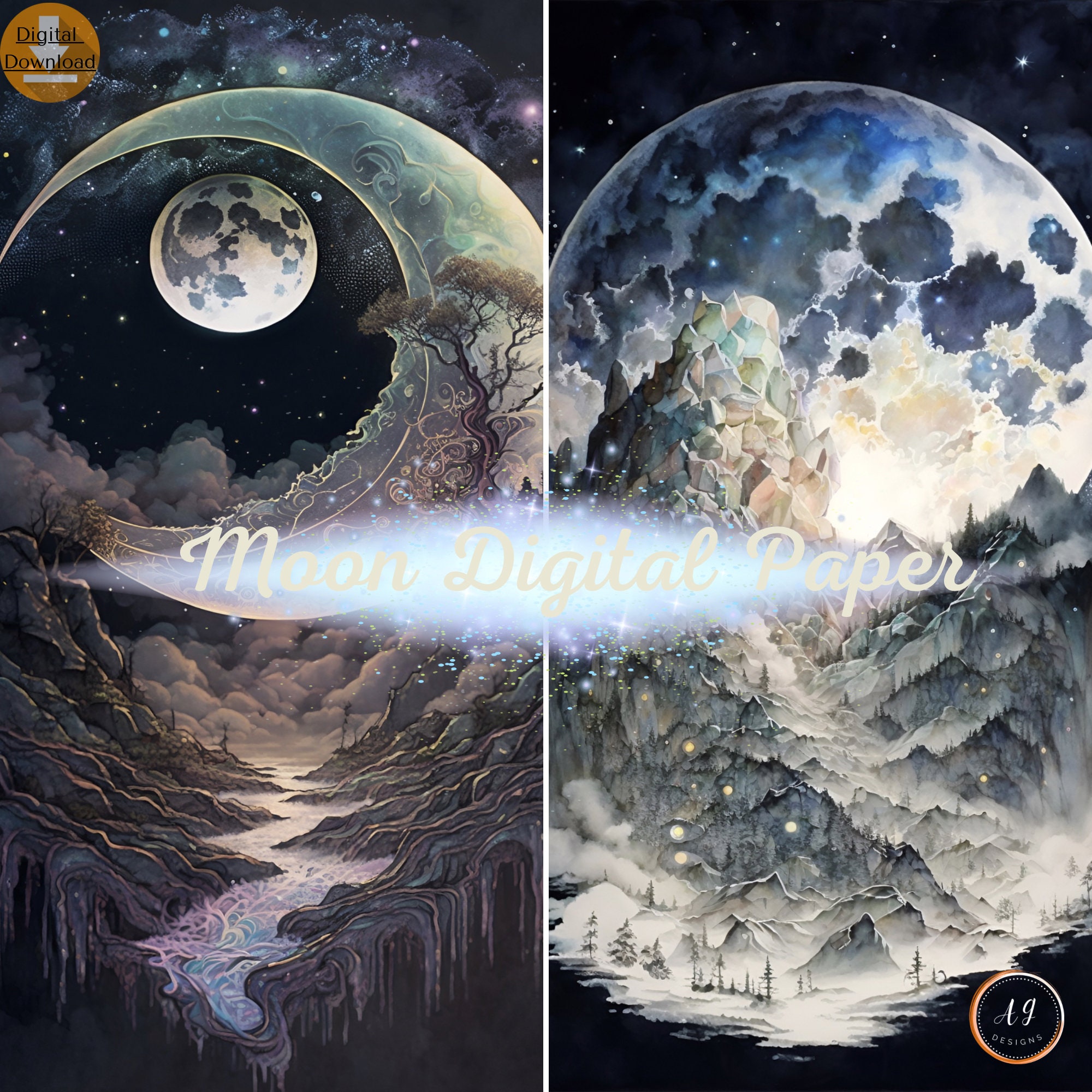 8 Moon Digital Paper Moon and Stars Paper Watercolour Moon - Etsy