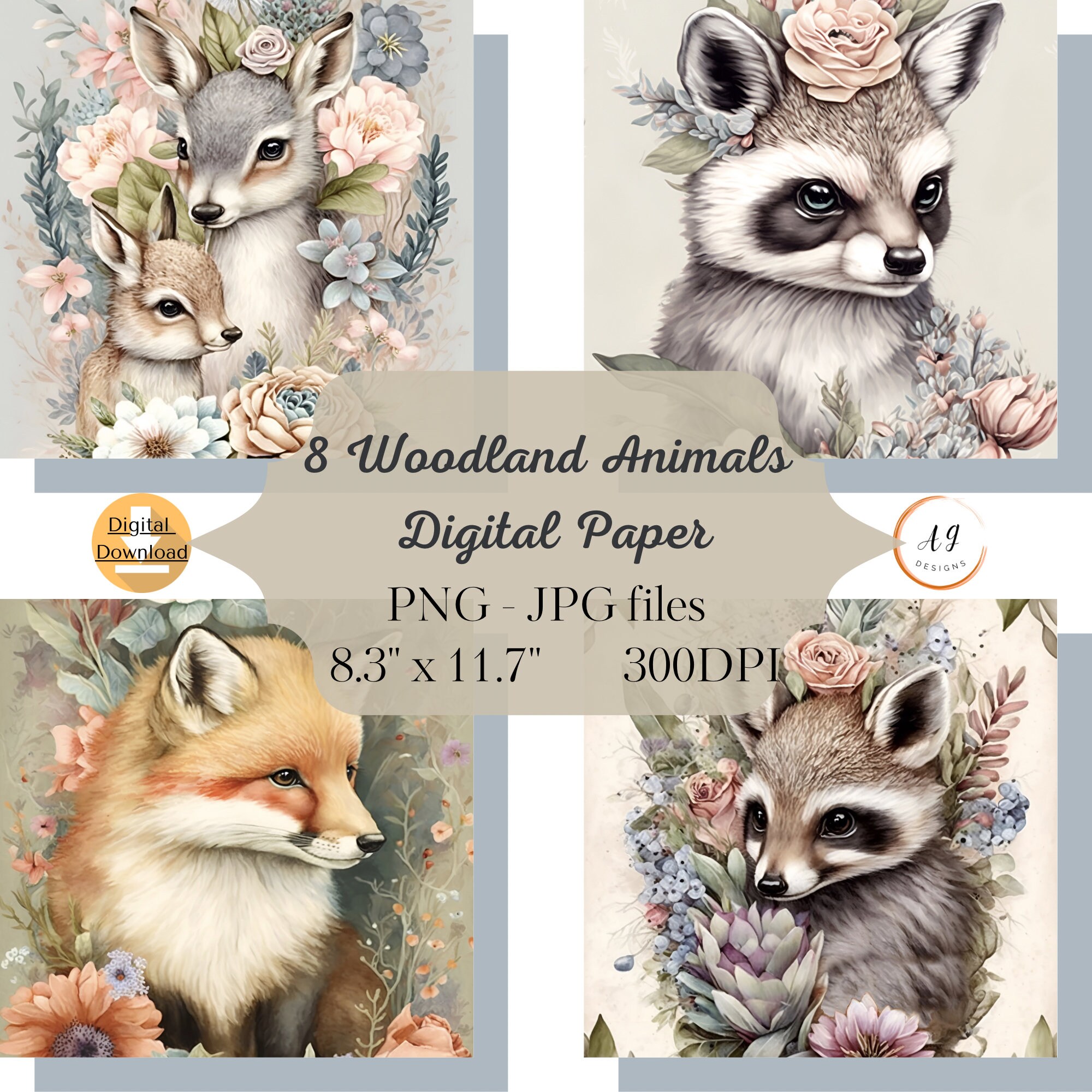 8 Cute Woodland Paper, Deer, Fox Digital Paper, Woodland Animals ...