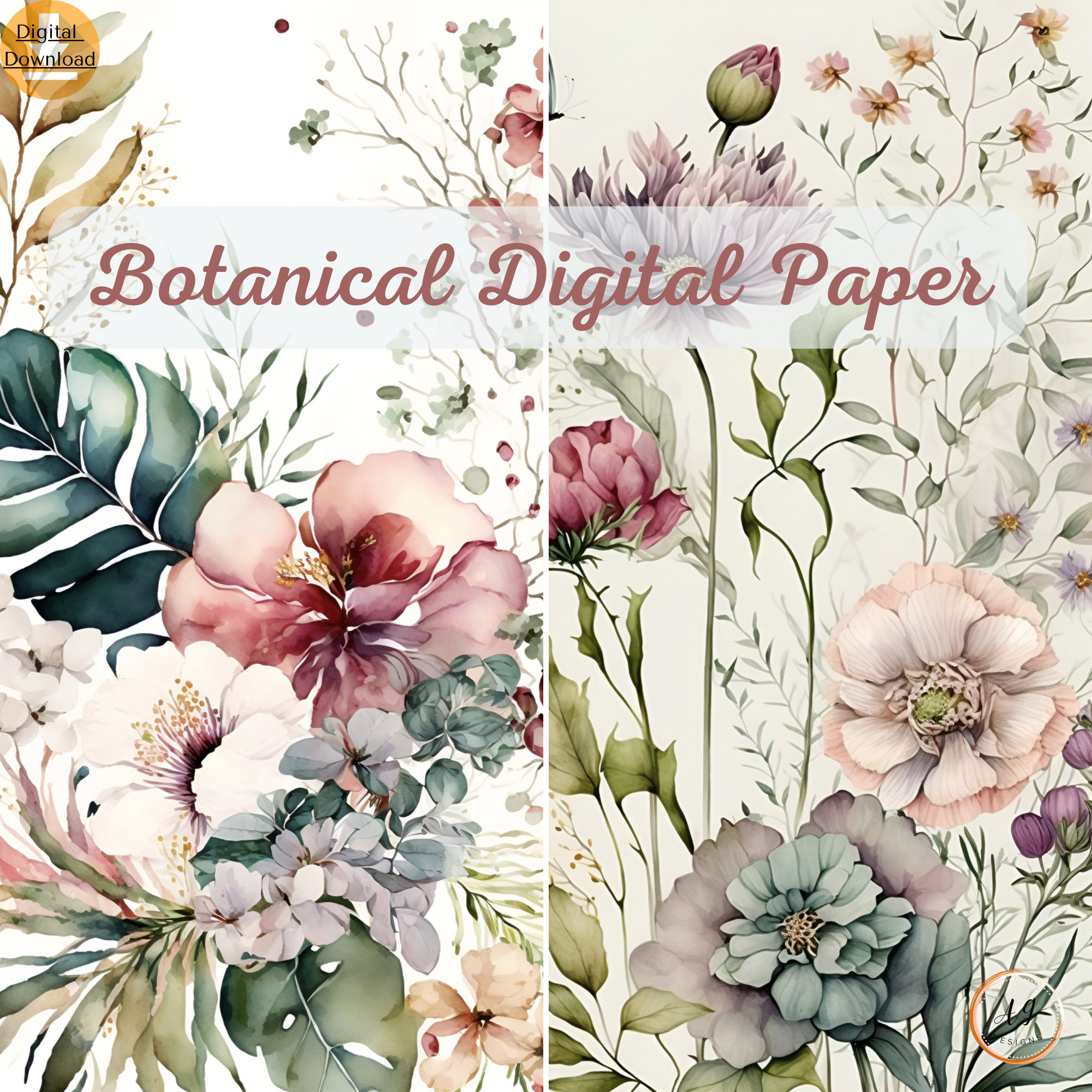 8 Botanical Print Digital Paper, Floral Digital Paper, Floral Pattern ...