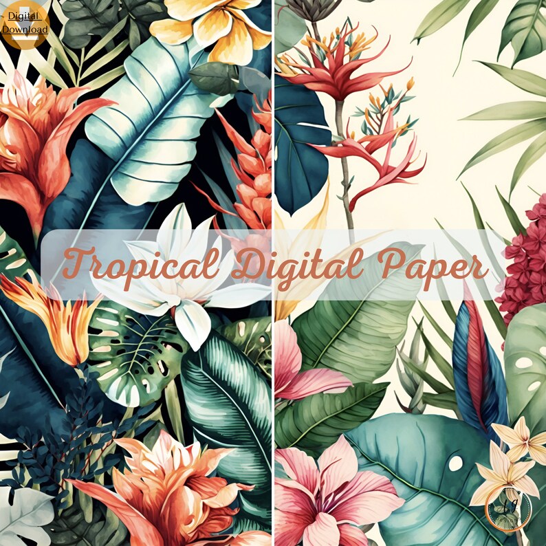 8 Tropical Digital Papers, Tropical Flowers, Tropical Paper, Digital ...