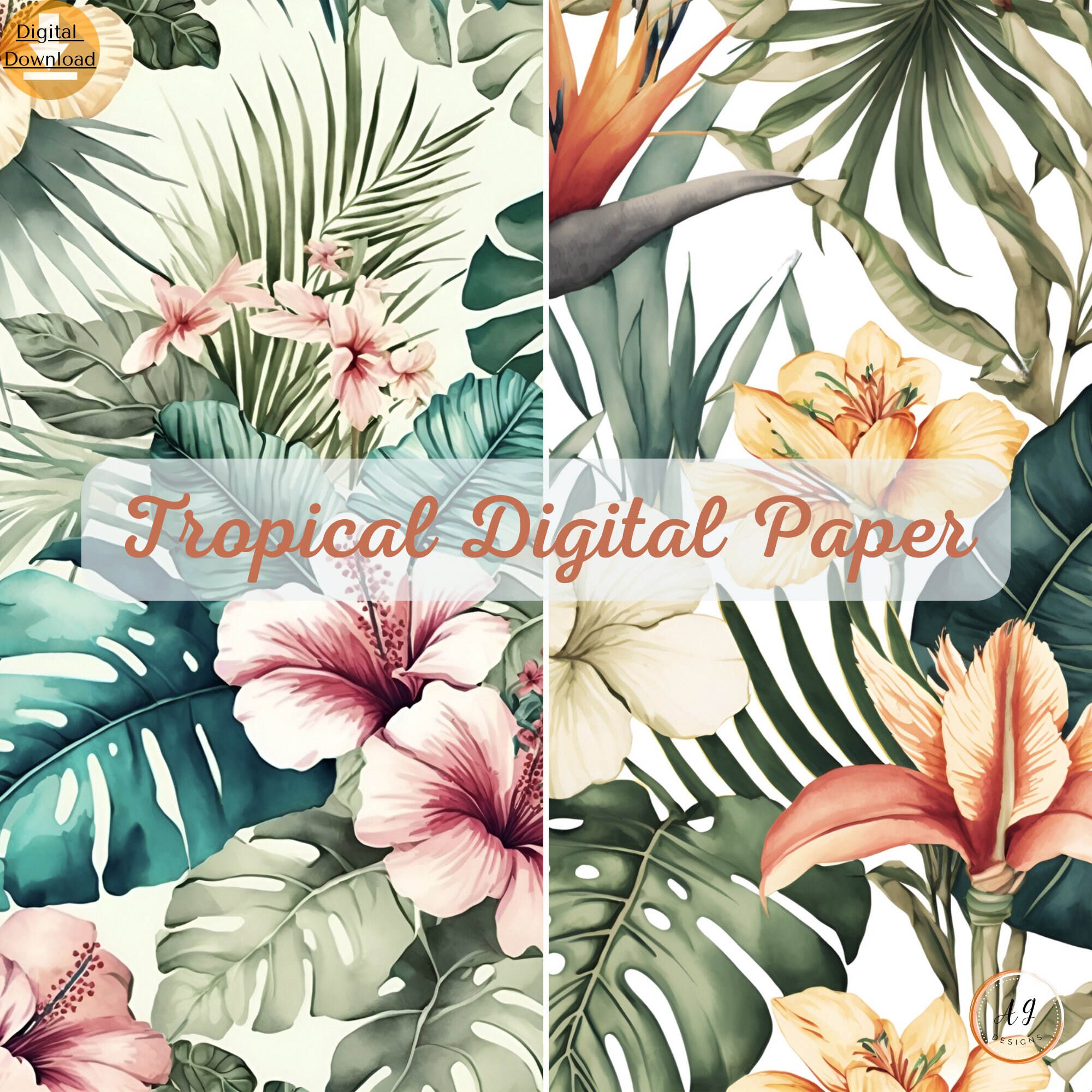 8 Tropical Digital Papers, Tropical Flowers, Tropical Paper, Digital ...