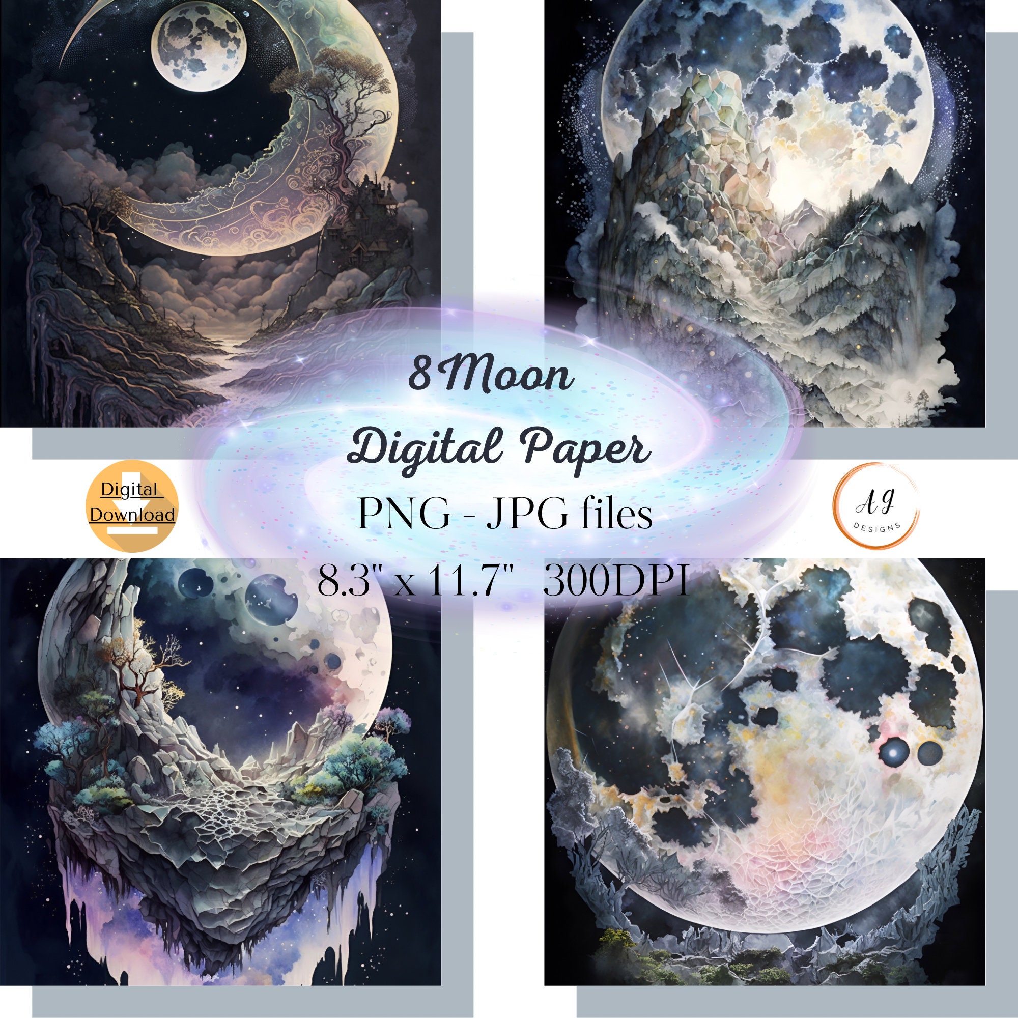 8 Moon Digital Paper Moon and Stars Paper Watercolour Moon - Etsy
