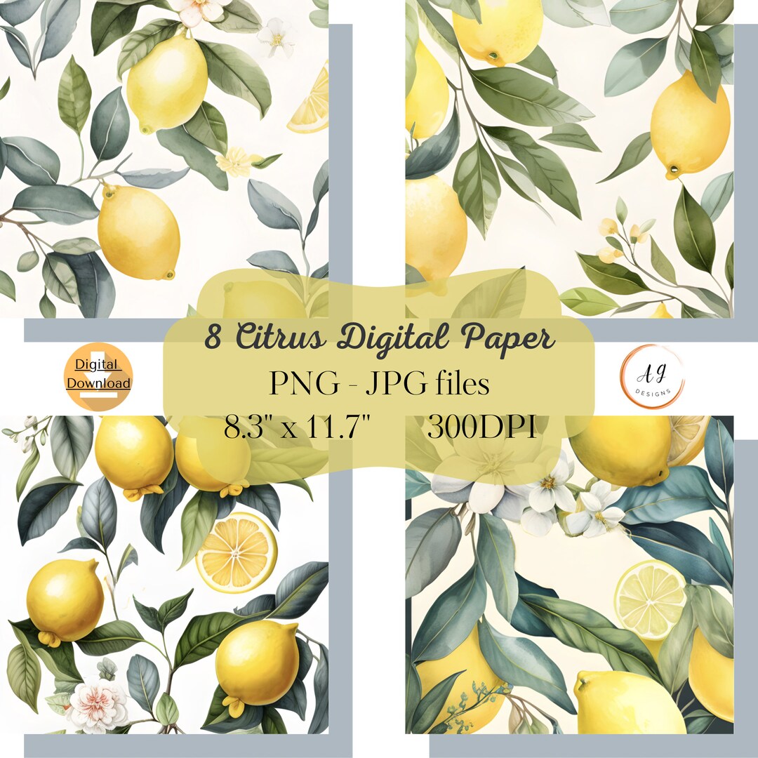 8 Citrus Digital Paper, Lemon Pattern, Lemon Background, Watercolour ...