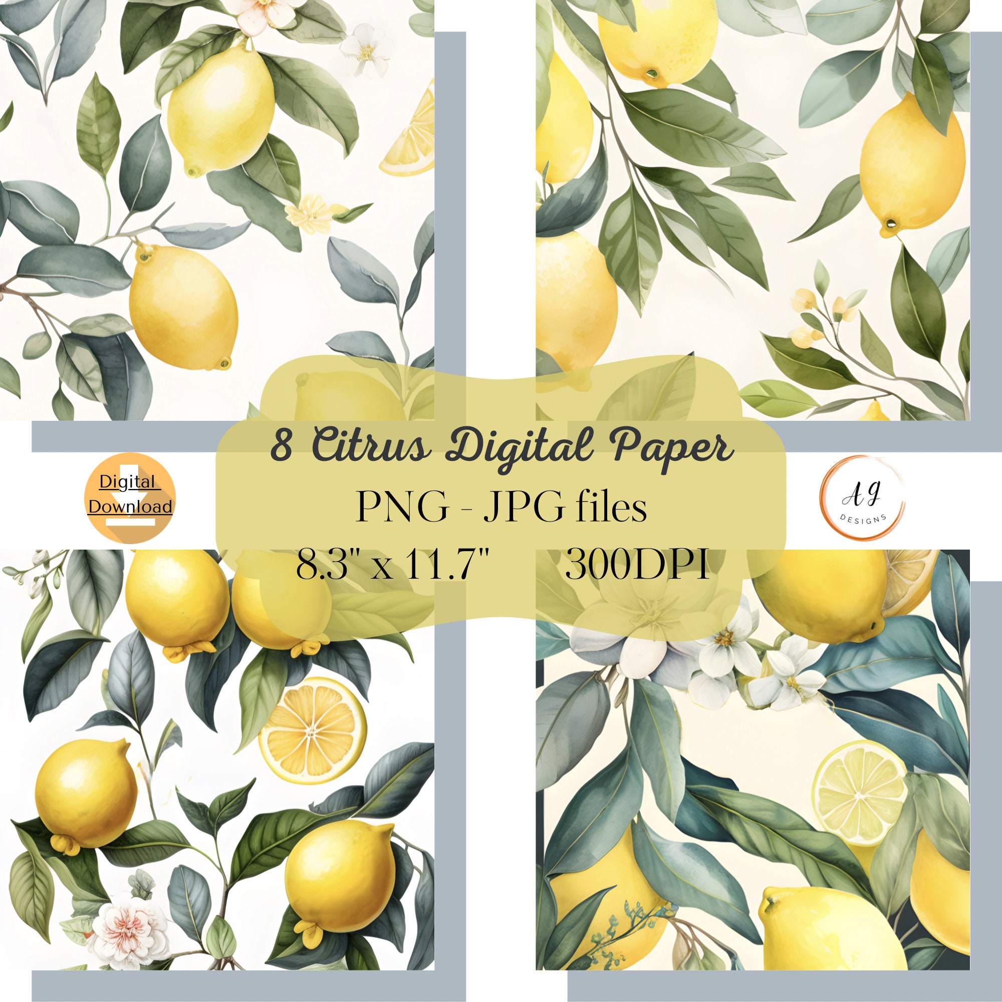 8 Citrus Digital Paper, Lemon Pattern, Lemon Background, Watercolour ...