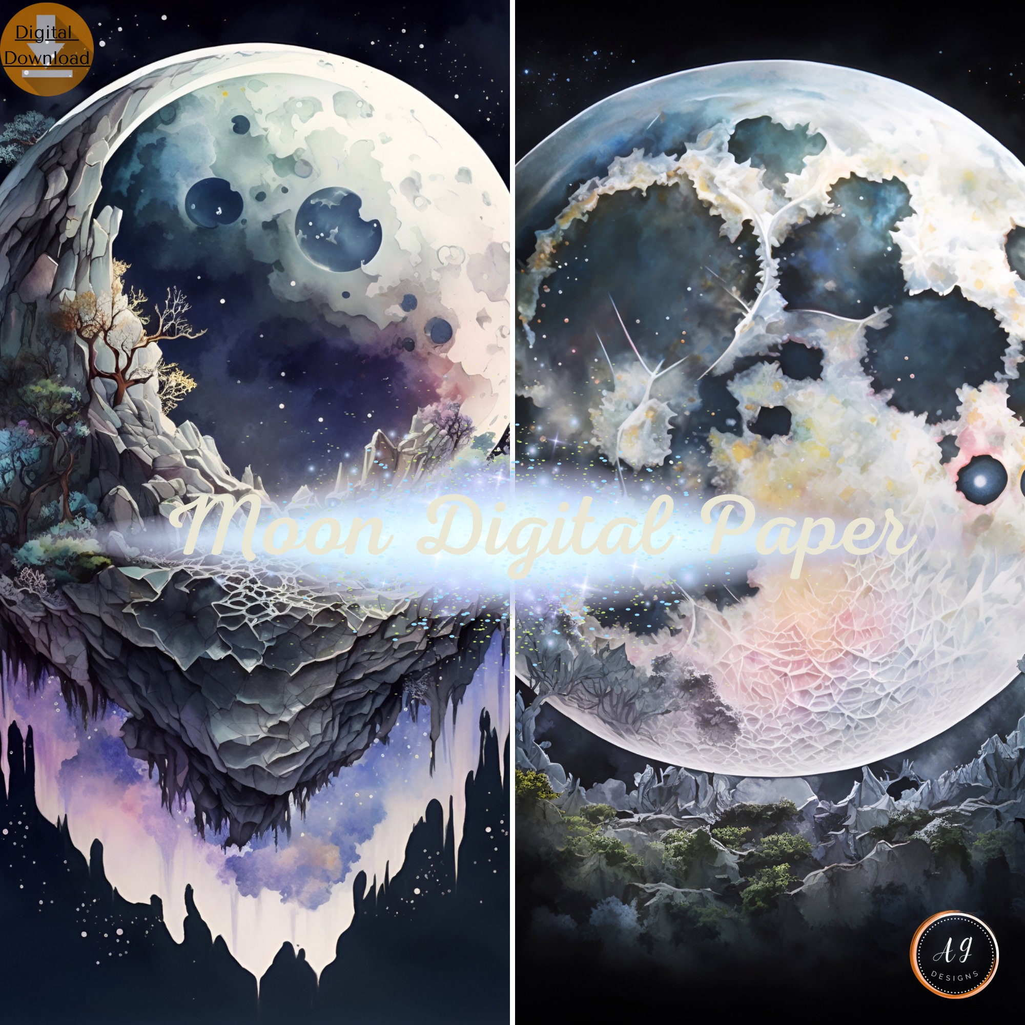 8 Moon Digital Paper Moon and Stars Paper Watercolour Moon - Etsy