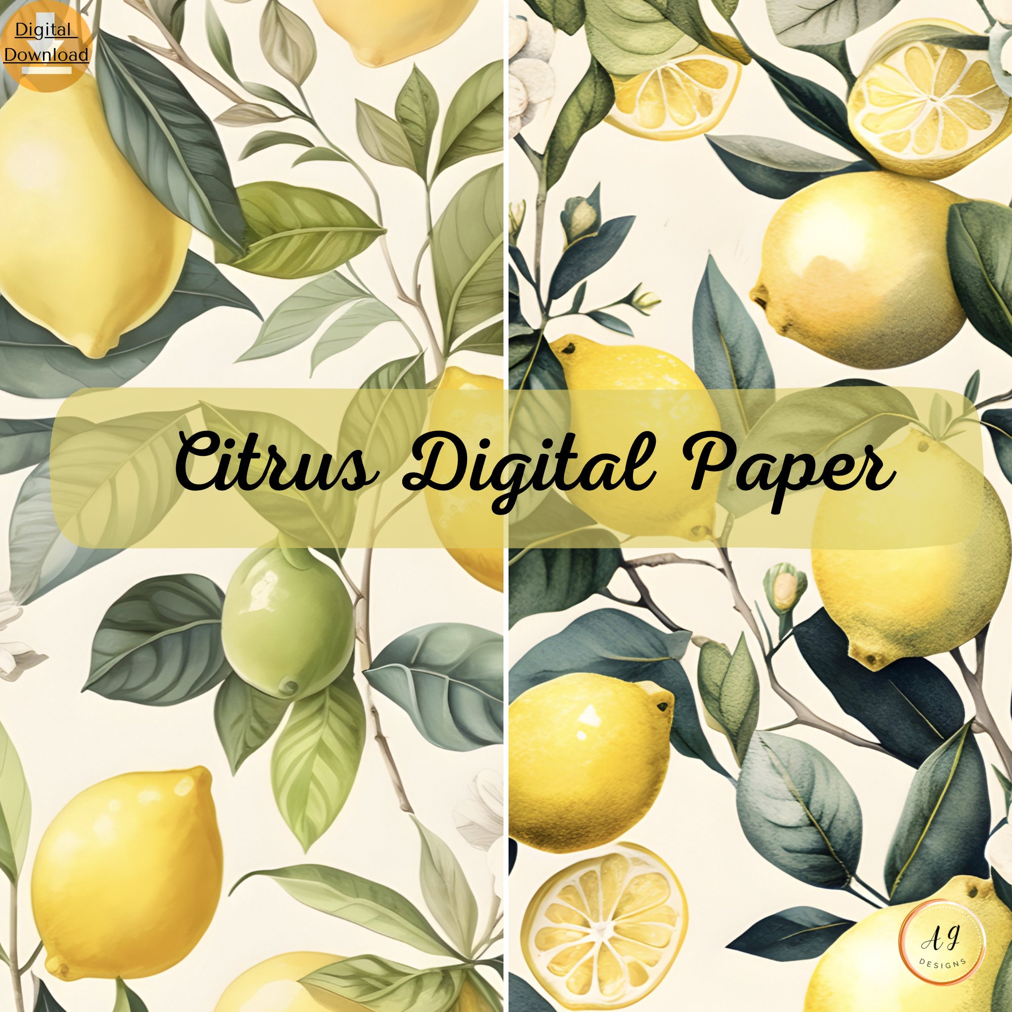 8 Citrus Digital Paper, Lemon Pattern, Lemon Background, Watercolour ...