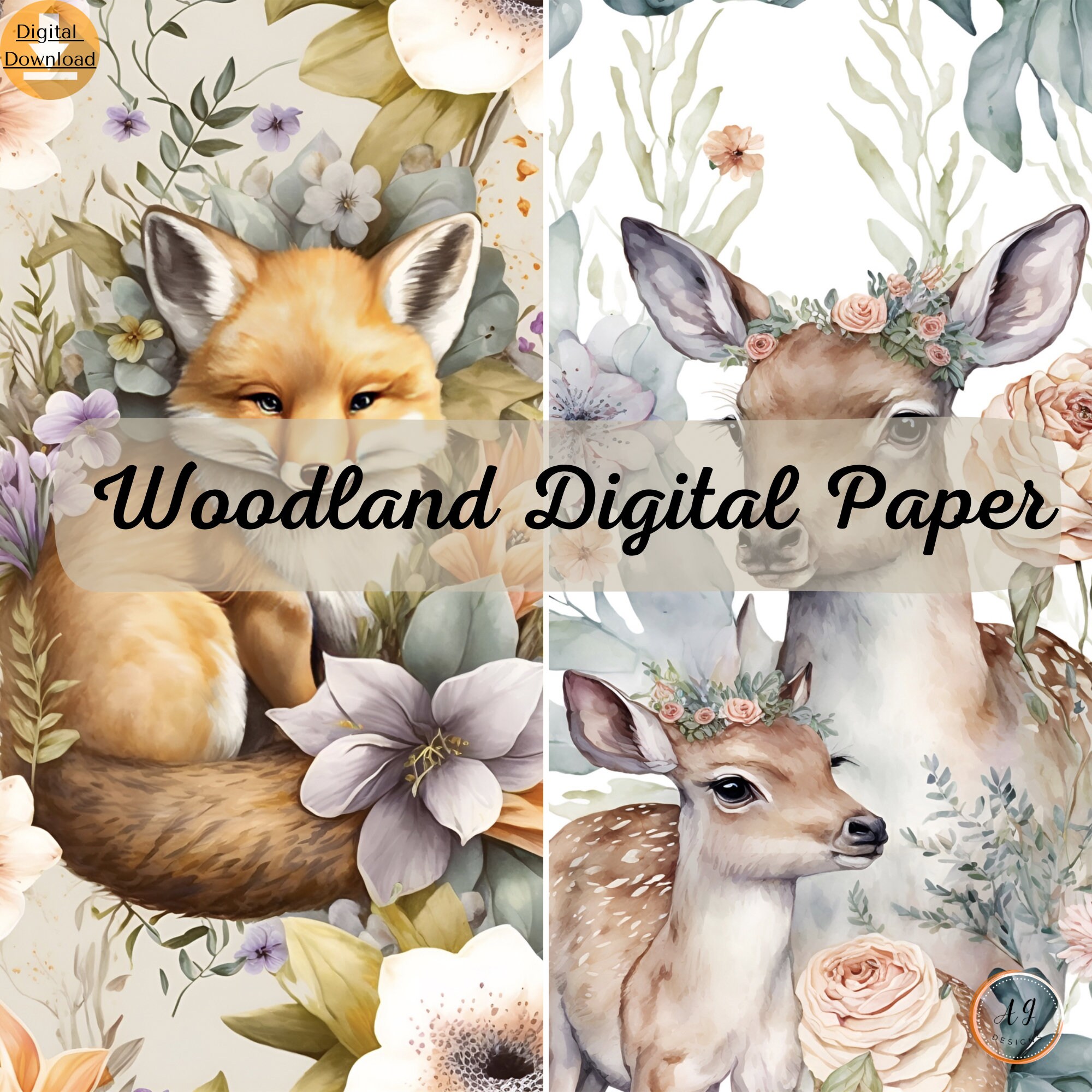 8 Cute Woodland Paper, Deer, Fox Digital Paper, Woodland Animals ...