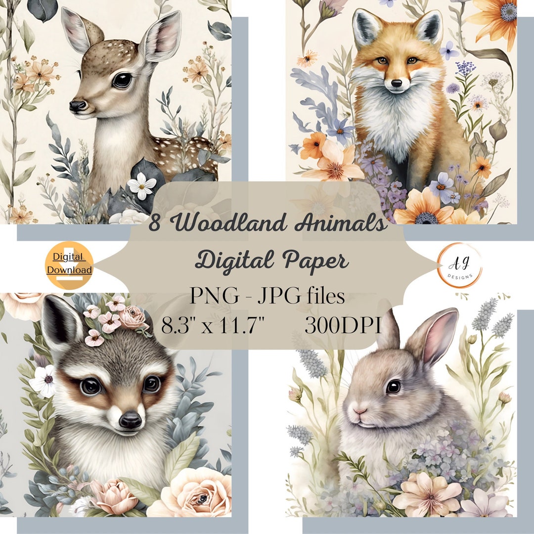 8 Woodland Paper, Cute Deer, Fox Digital Paper, Woodland Animals ...