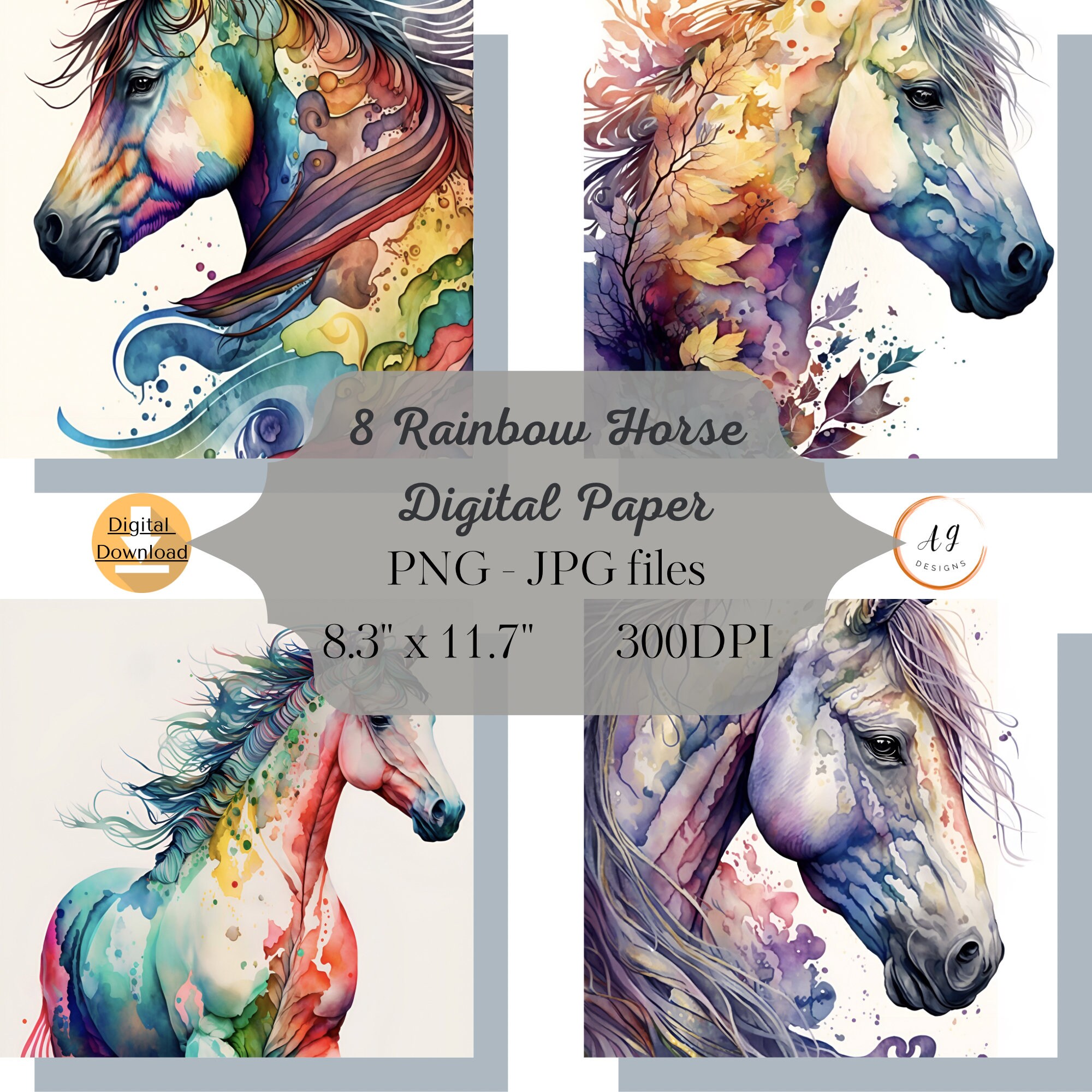 8 Rainbow Horse Digital Paper, Horse, Horse Printable, Horse Designs ...