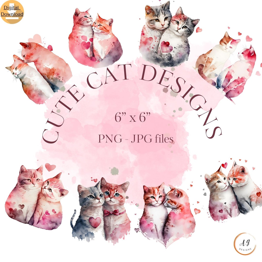 8 Cute Watercolour Cat Couple Clipart, Valentines Day Clipart, Love ...