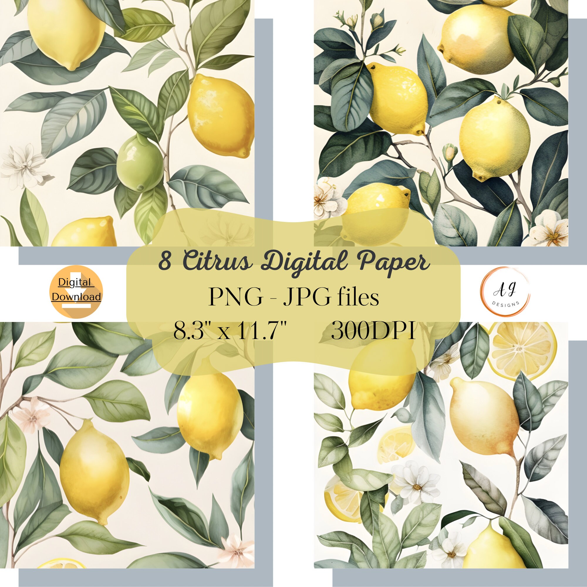 8 Citrus Digital Paper, Lemon Pattern, Lemon Background, Watercolour ...