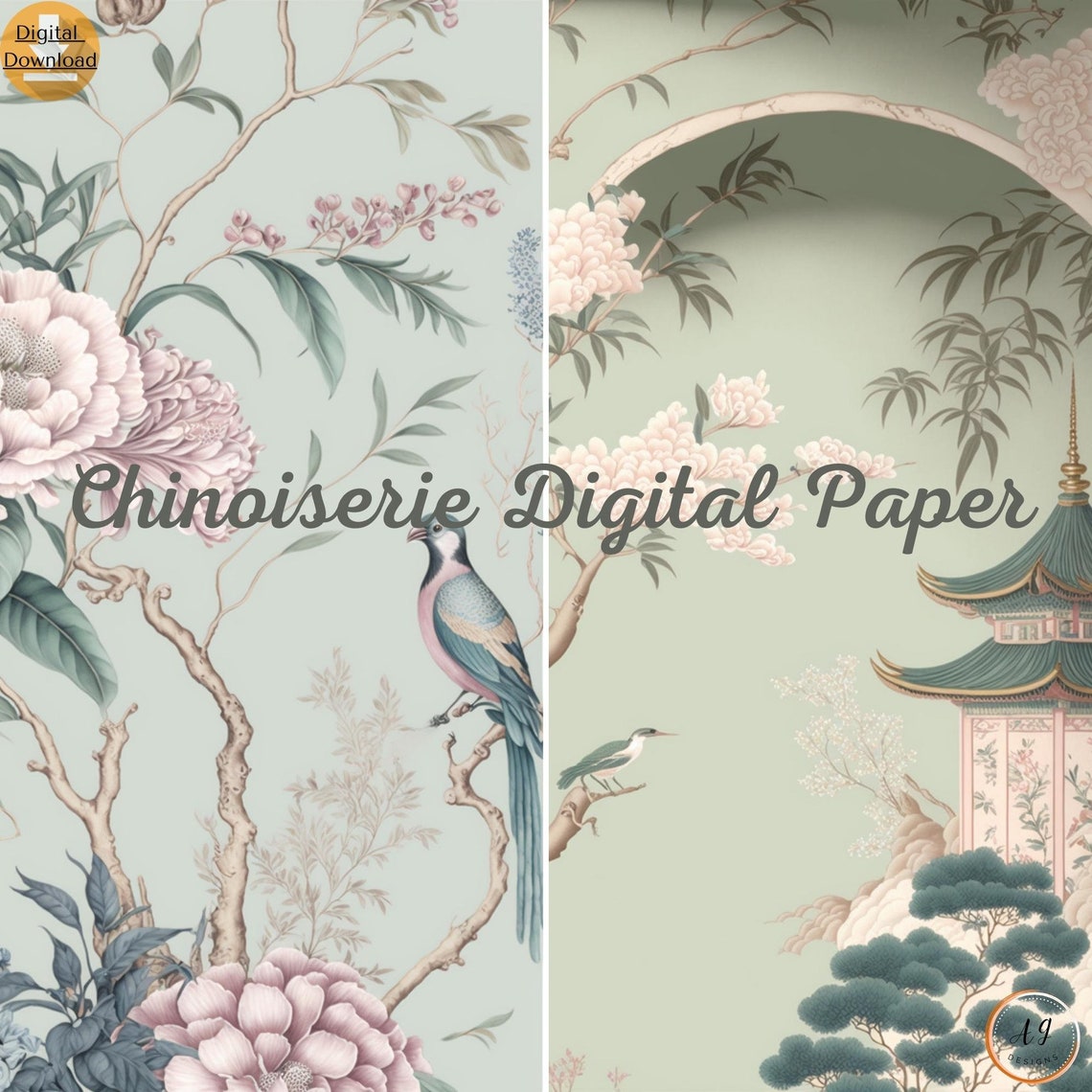 8 Colourful Chinoiserie Paper, Chinoiserie Art, Chinoiserie Paper ...