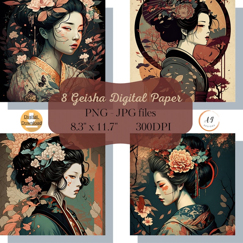 8 Geisha Digital Art, Chinoiserie Art, Asian Art, Asian Digital Paper ...