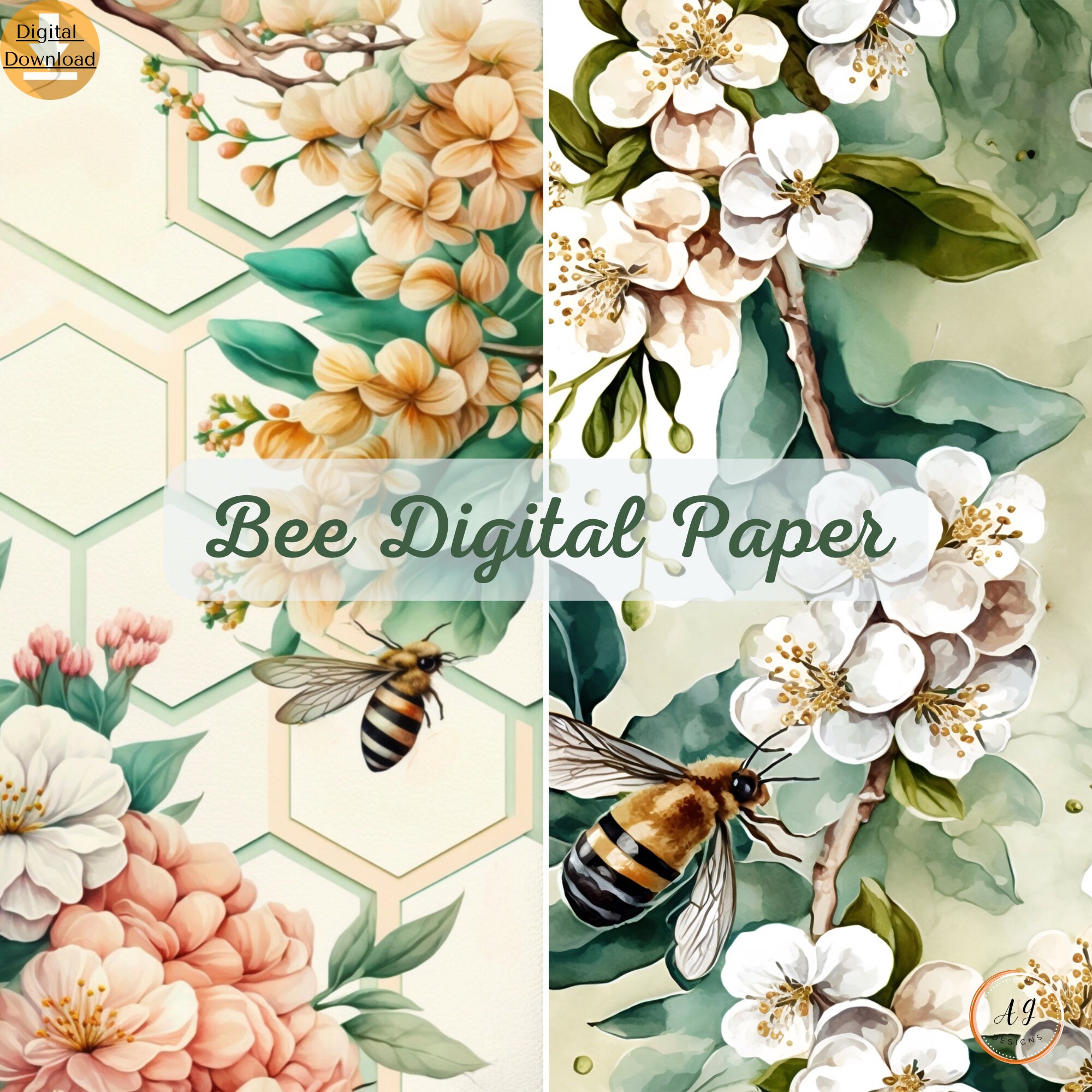 8 Bees Digital Paper, Honeycomb Paper, Bee Pattern, Spring Paper ...