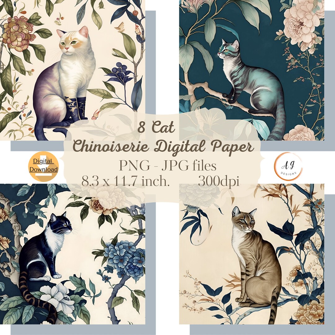 8 Cat Digital Paper, Chinoiserie Paper, Oriental Paper, Asian Digital Paper, Chinoiserie Pattern ...