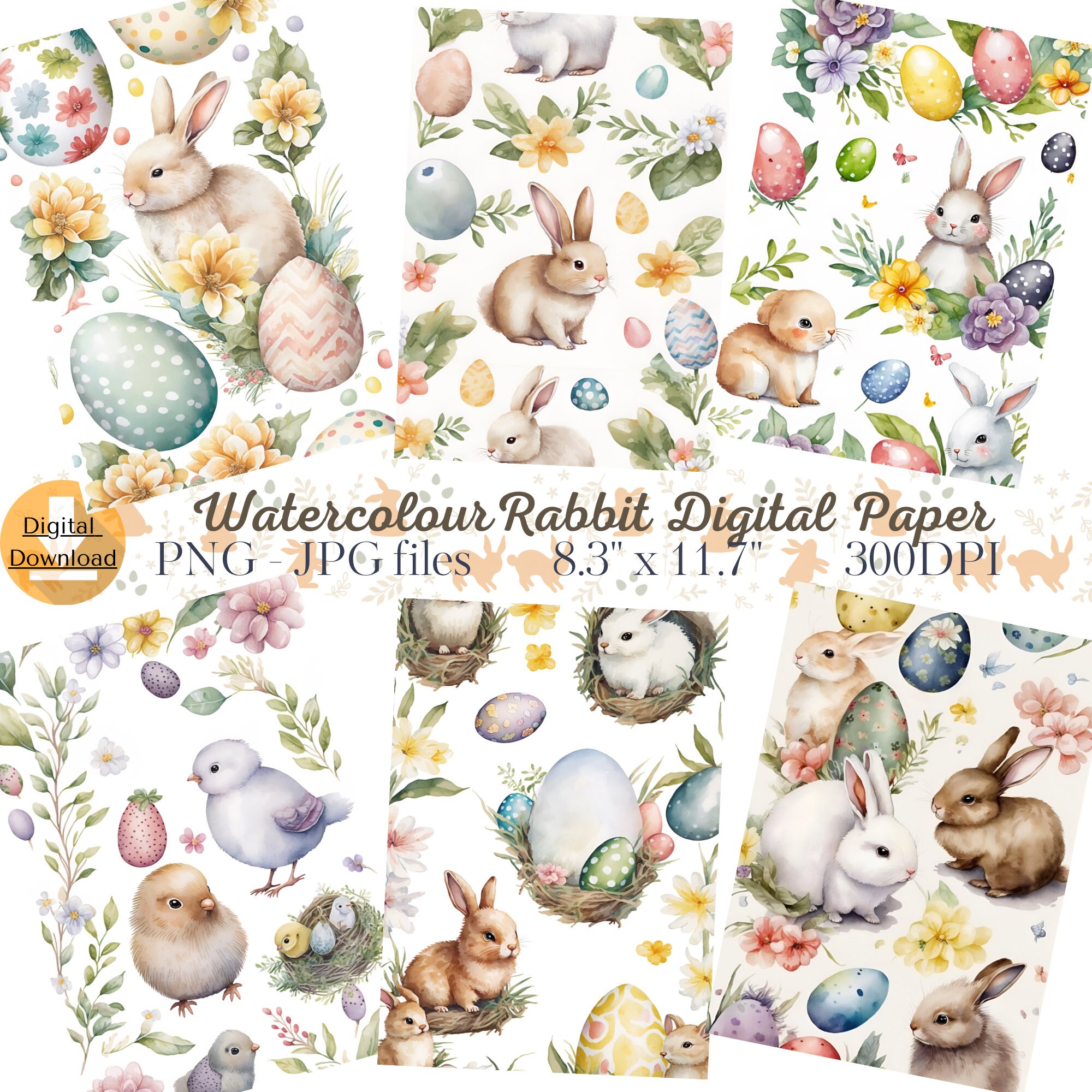 6 Easter Bunny Watercolor Digital Papers Bundle for Decoupage - Etsy