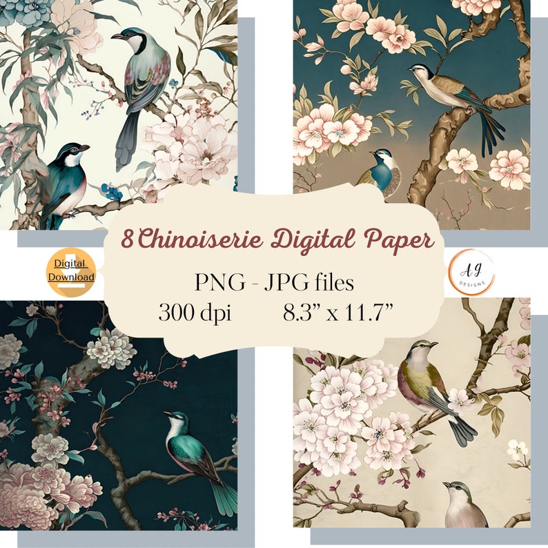 8 Colourful Chinoiserie Paper Chinoiserie Art Chinoiserie - Etsy