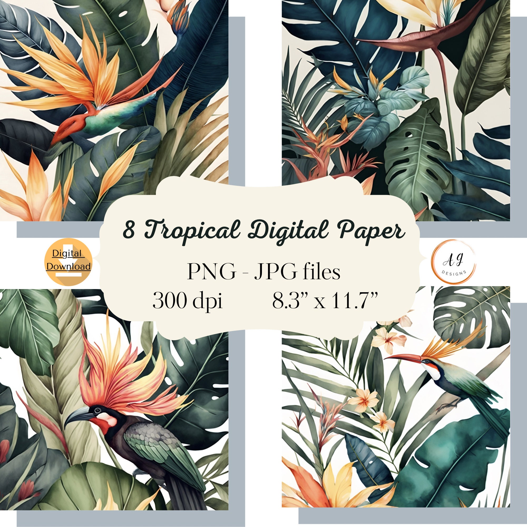8 Tropical Watercolour Digital Paper Bundle, Tropical Flowers, Tropical ...