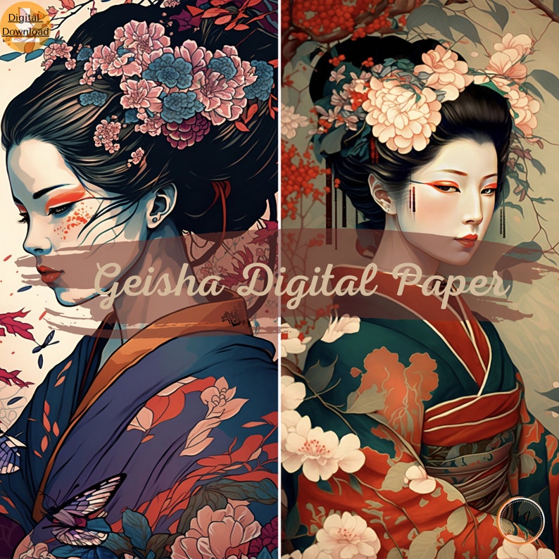 8 Geisha Digital Art, Chinoiserie Art, Asian Art, Asian Digital Paper ...