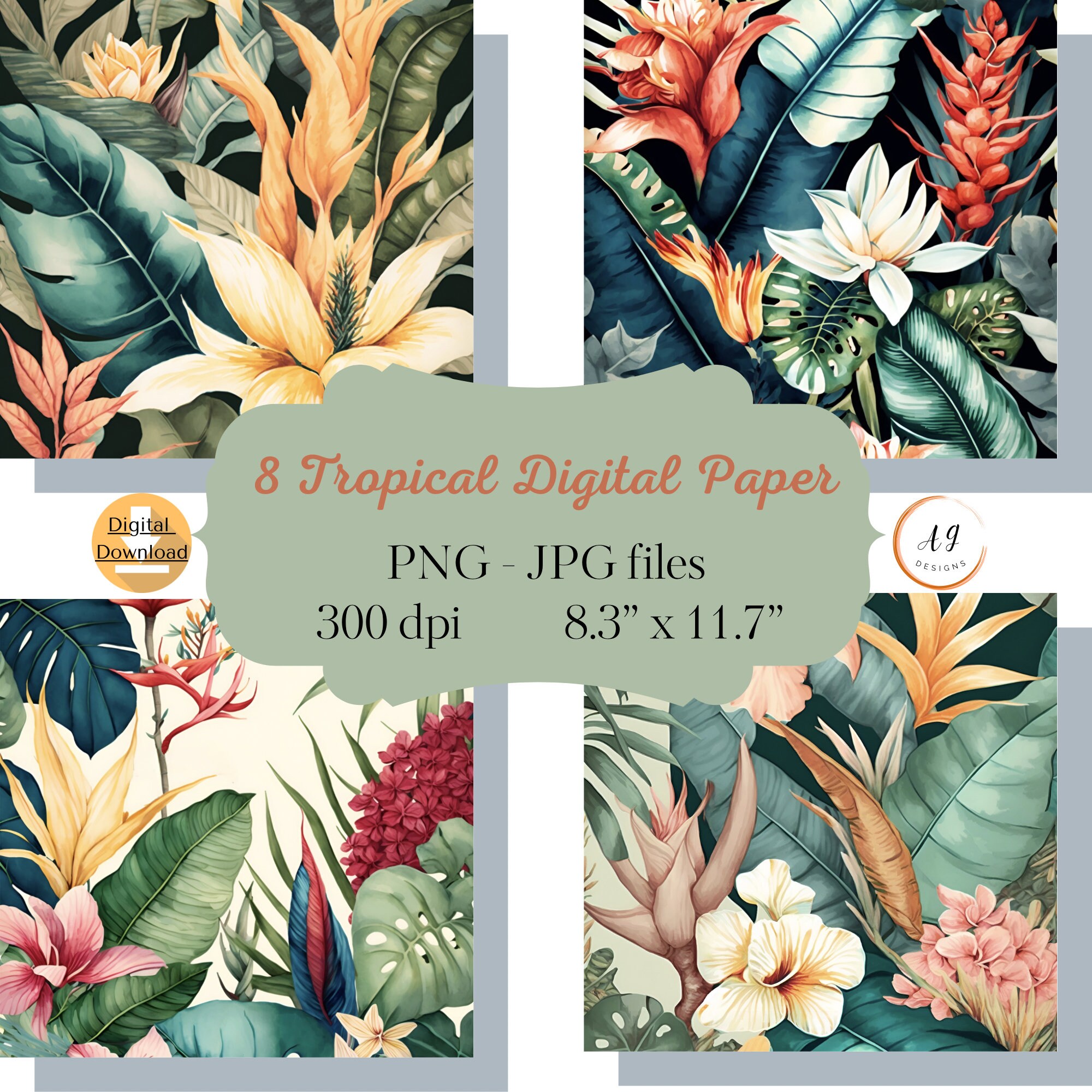 8 Tropical Digital Papers, Tropical Flowers, Tropical Paper, Digital ...