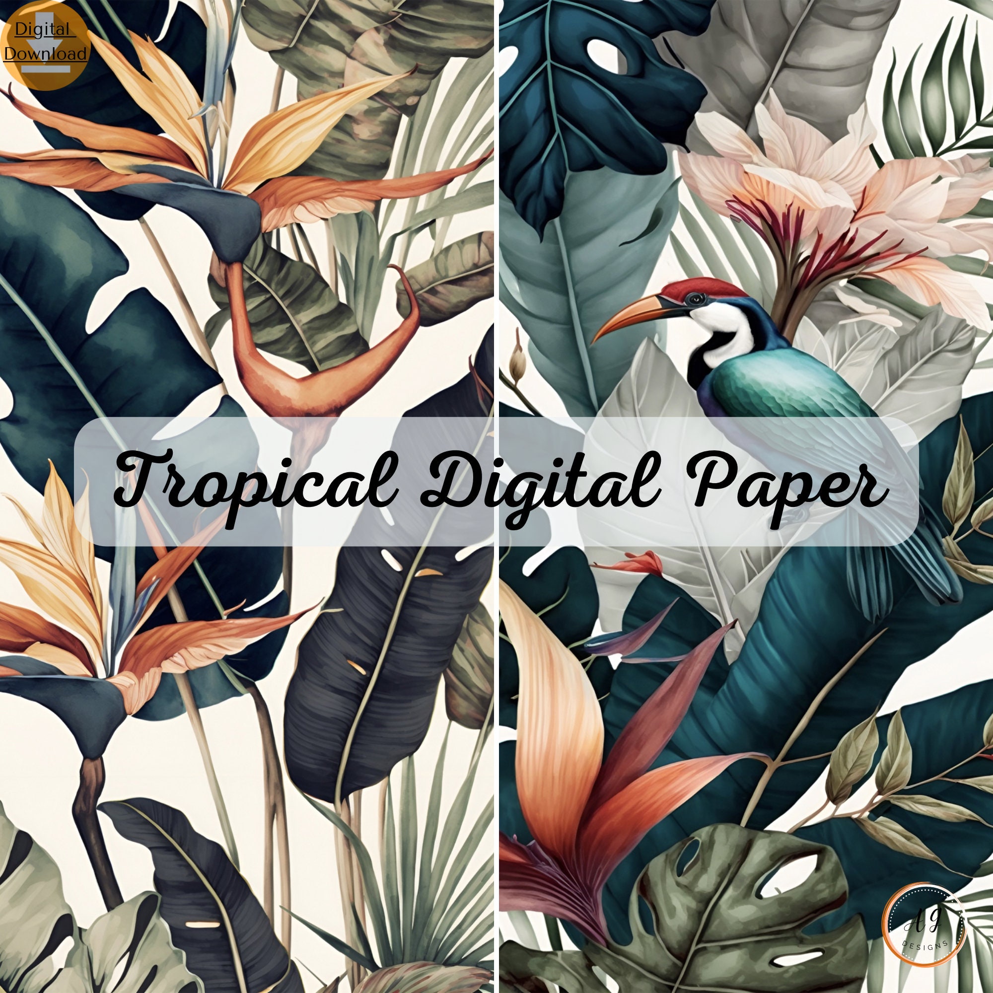 8 Tropical Watercolour Digital Paper Bundle, Tropical Flowers, Tropical ...