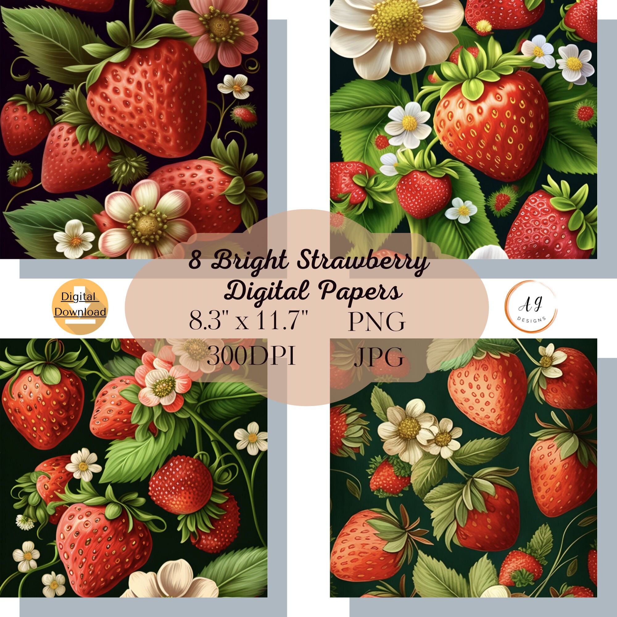 8 Strawberry Pattern, Clipart Strawberry, Summer Paper Pack ...