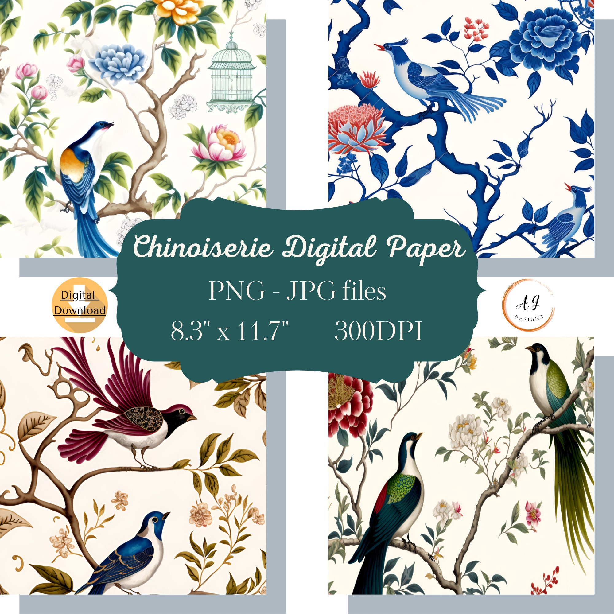 12 Colourful Chinoiserie Digital Pattern Paper Chinoiserie - Etsy