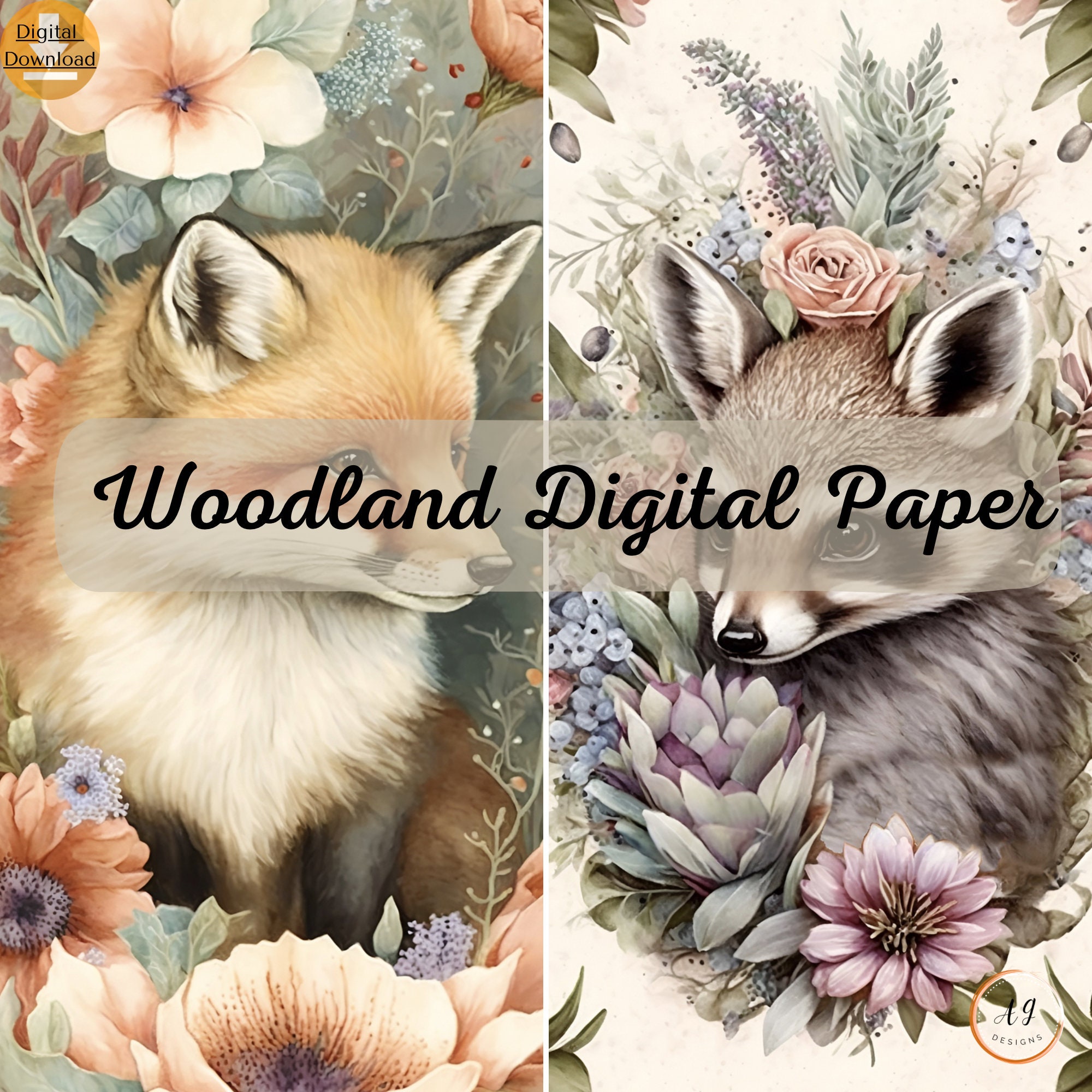 8 Cute Woodland Paper, Deer, Fox Digital Paper, Woodland Animals ...