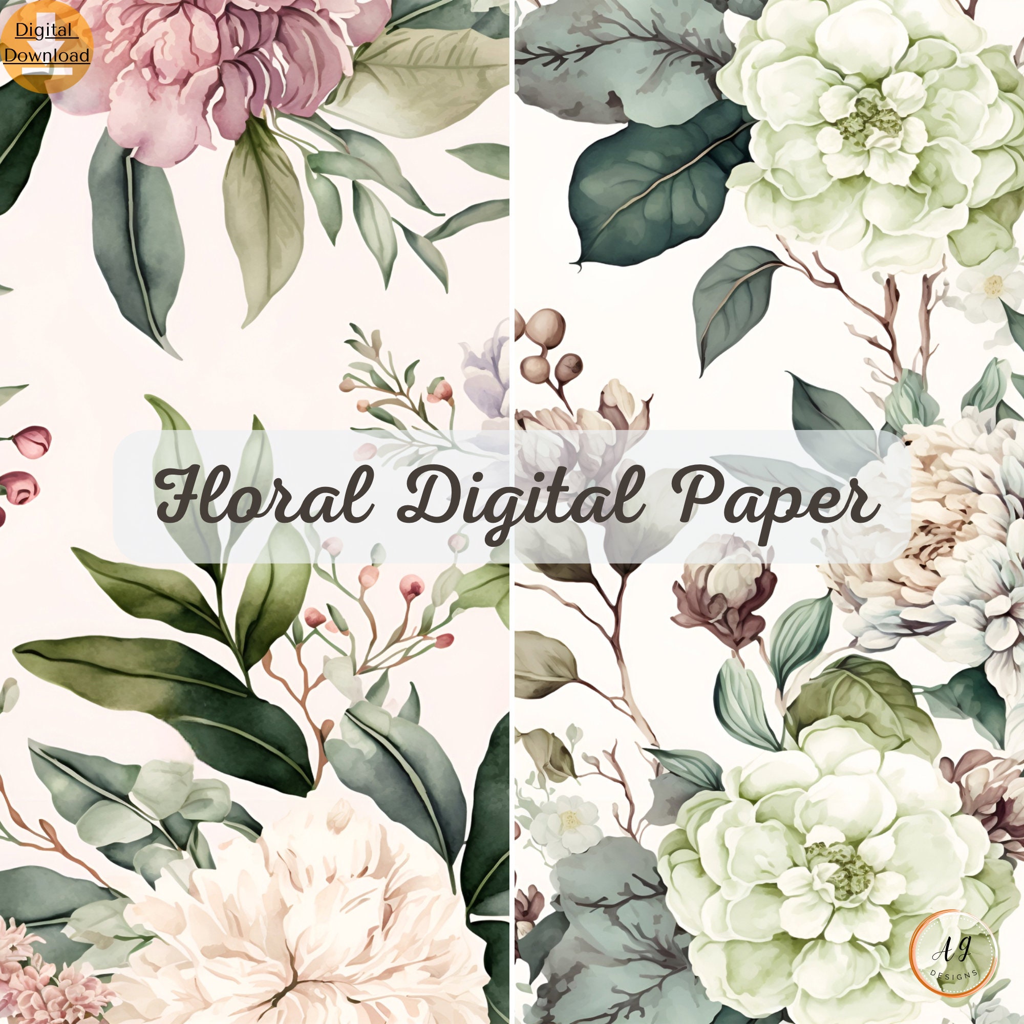 8 Floral Watercolour Digital Paper, Floral Digital Paper, Floral ...