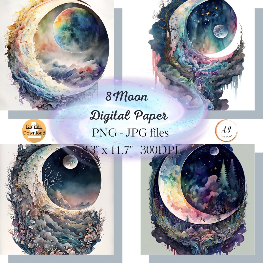 8 Watercolour Moon, Moon and Stars Paper, Moon Digital Paper, Space ...