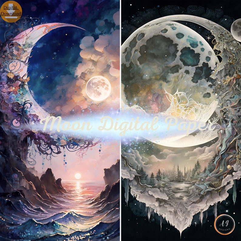 8 Moon Digital Paper Moon and Stars Paper Watercolour Moon - Etsy