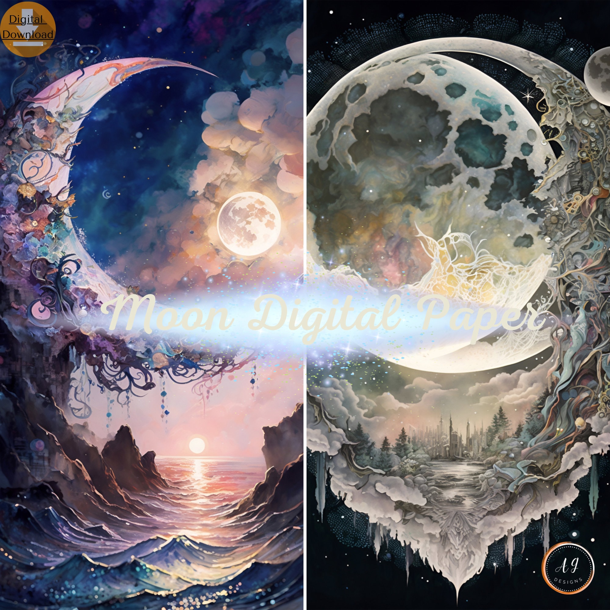 8 Moon Digital Paper Moon and Stars Paper Watercolour Moon - Etsy