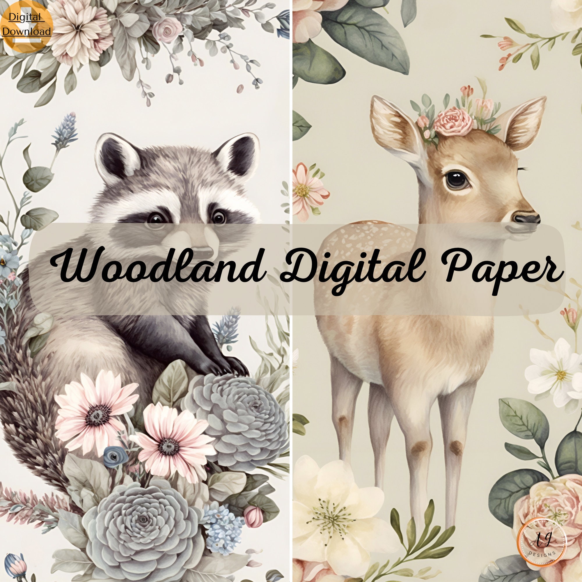 8 Cute Woodland Paper, Deer, Fox Digital Paper, Woodland Animals ...