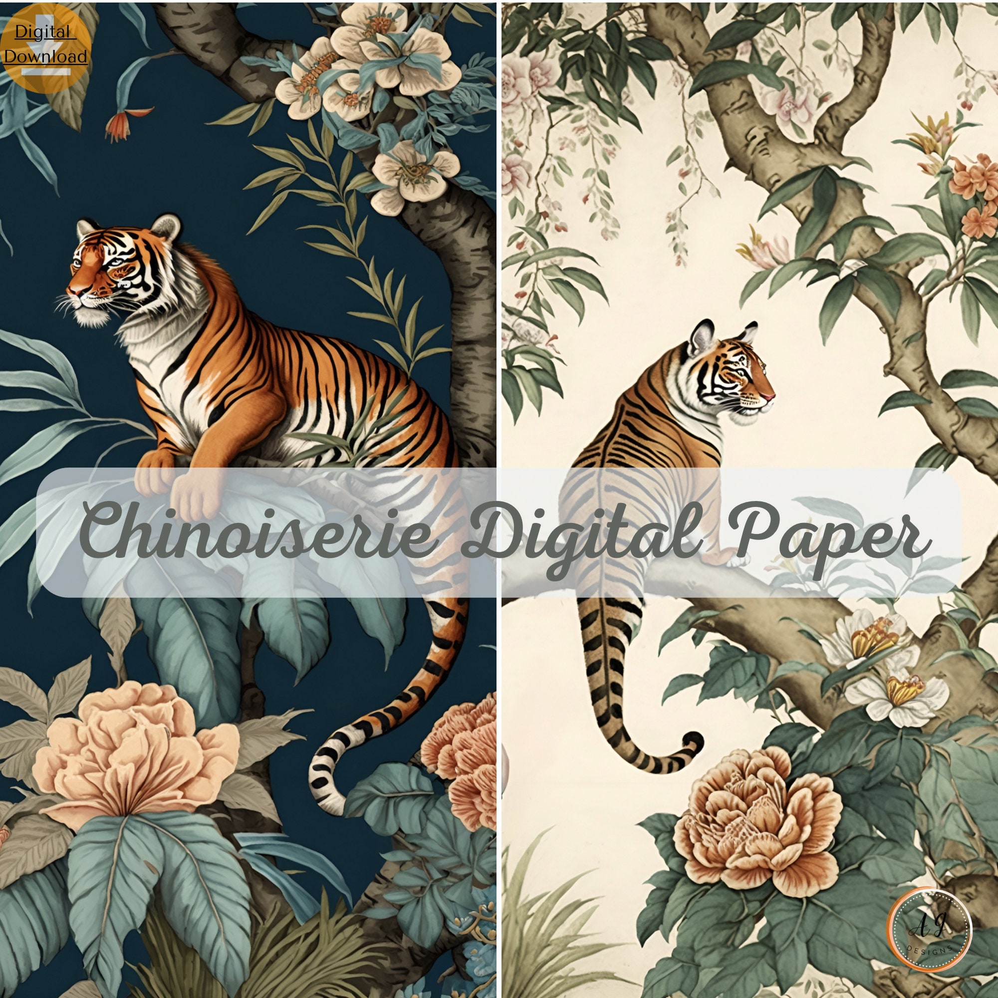 4 Tiger Paper Tiger Digital Chinoiserie Paper Oriental - Etsy