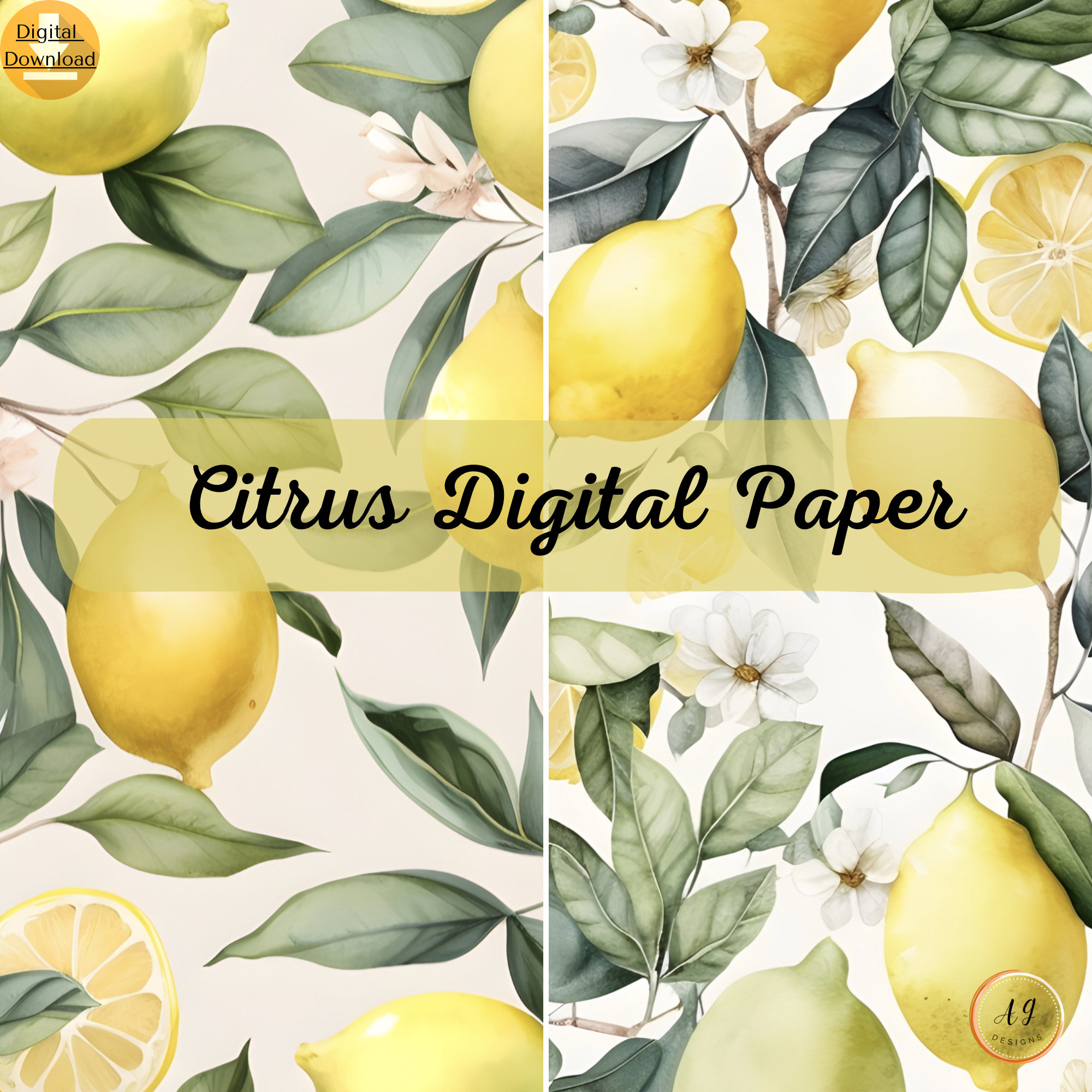 8 Citrus Digital Paper, Lemon Pattern, Lemon Background, Watercolour ...
