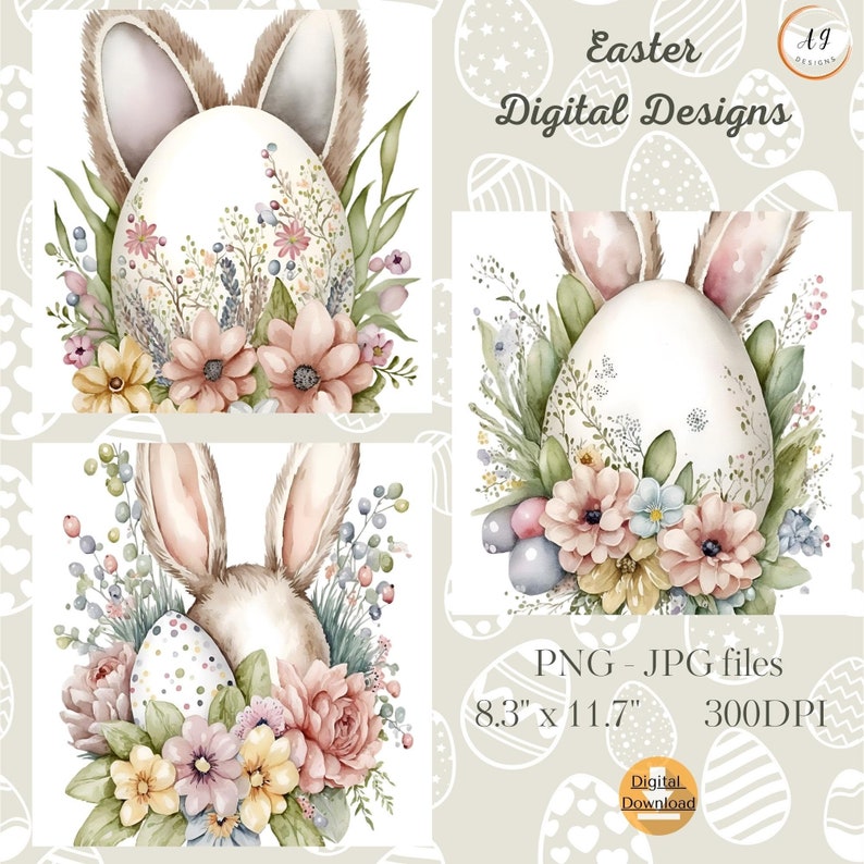 6 Easter Egg Design, Rabbit Pattern Paper, Easter Digital Clipart ...