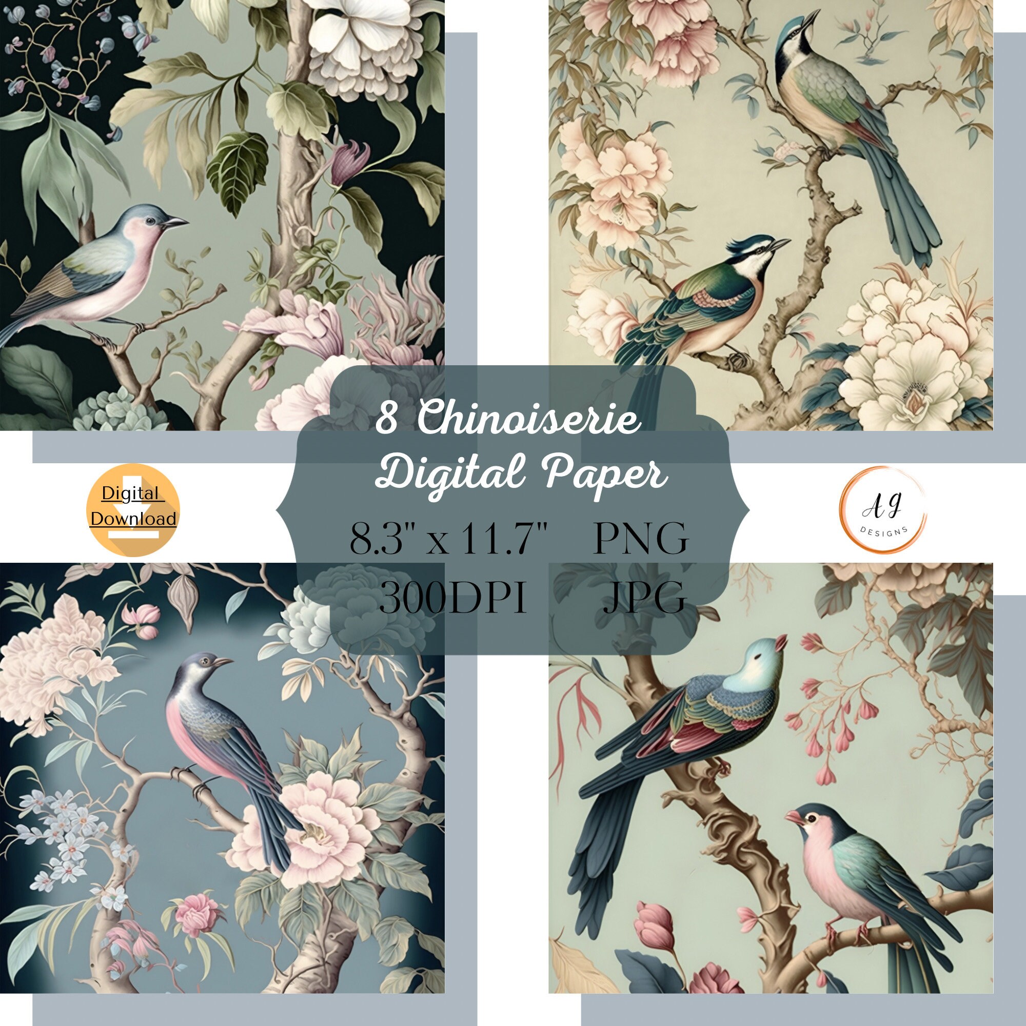 8 Chinoiserie Pattern, Oriental Paper, Asian Digital Paper, Chinoiserie ...