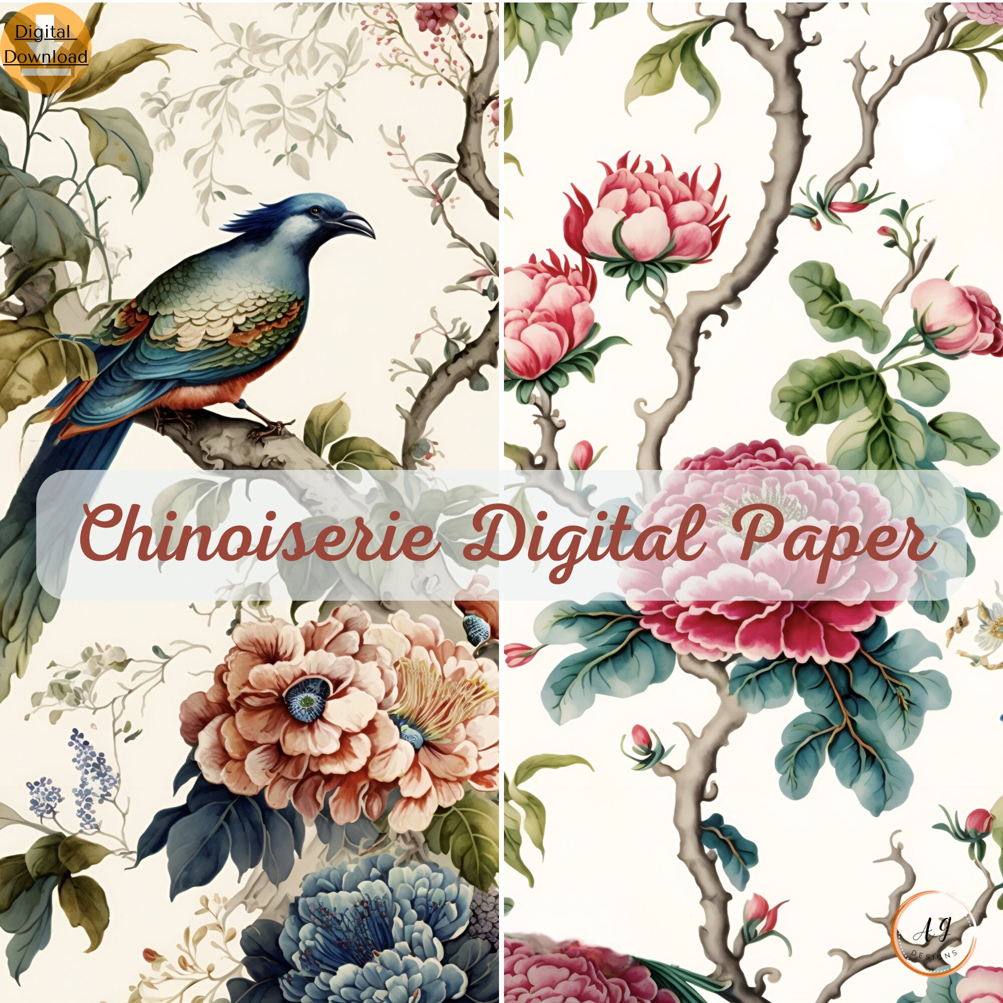8 Chinoiserie Paper, Oriental Paper, Asian Digital Paper, Chinoiserie ...